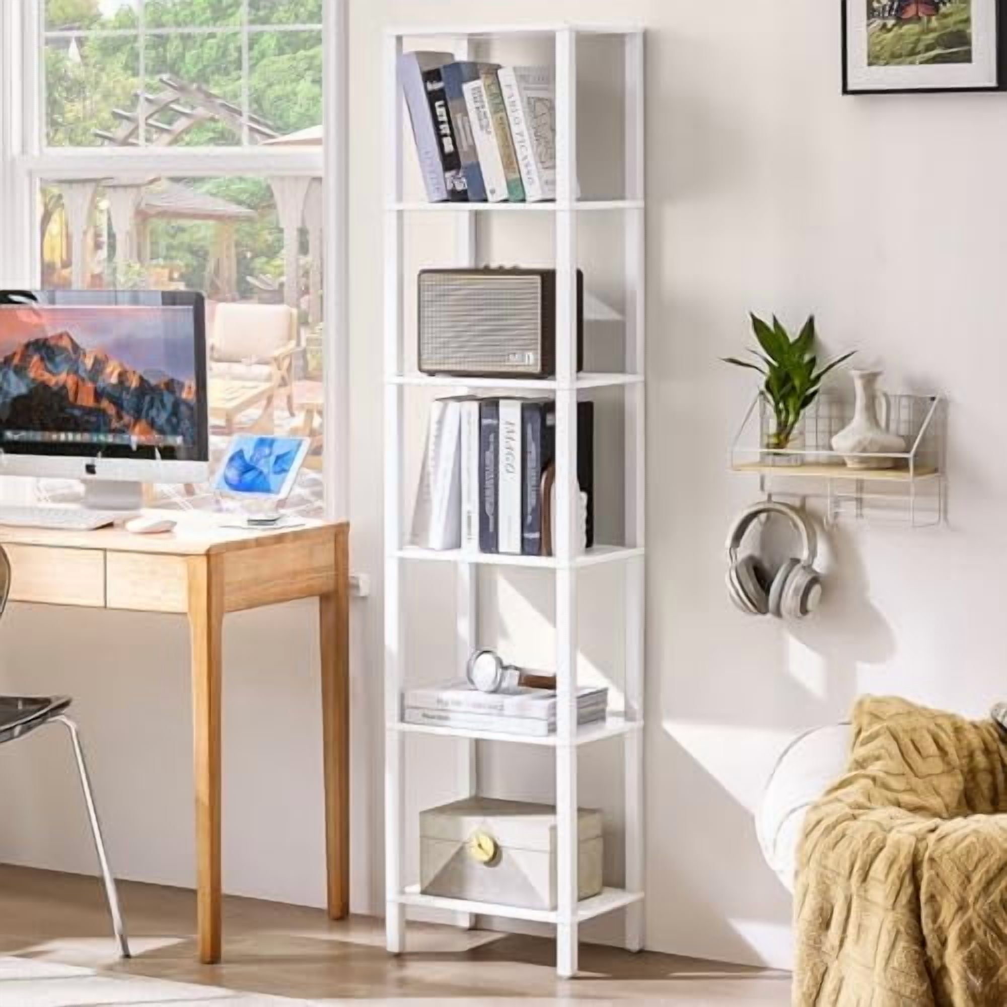 4 Tier Tall Wooden Bookshelf with Storage - Small Bookcase for Small Spaces, Shelf for Living ...