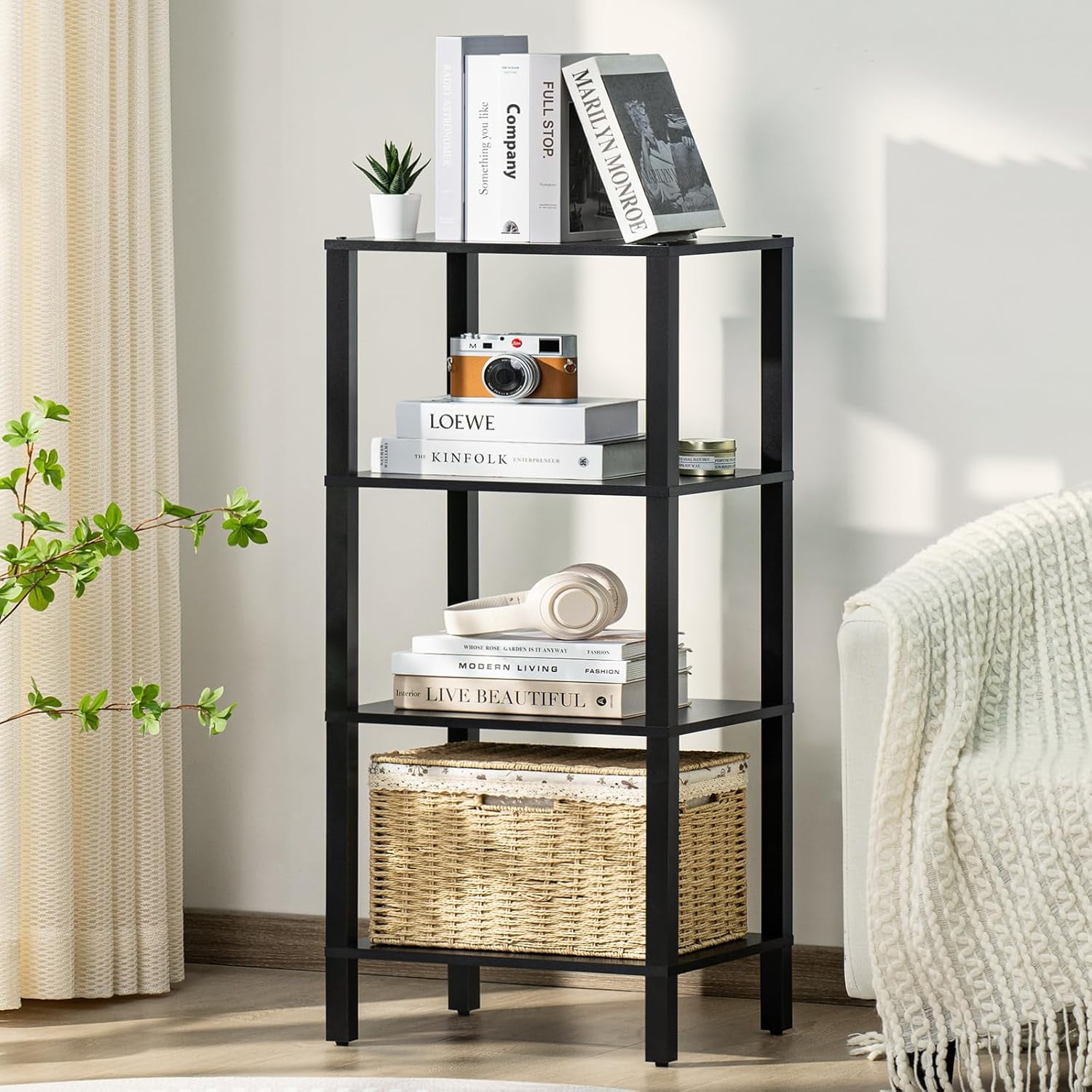 4 Tier Tall Wooden Bookshelf with Storage - Small Bookcase for Small ...