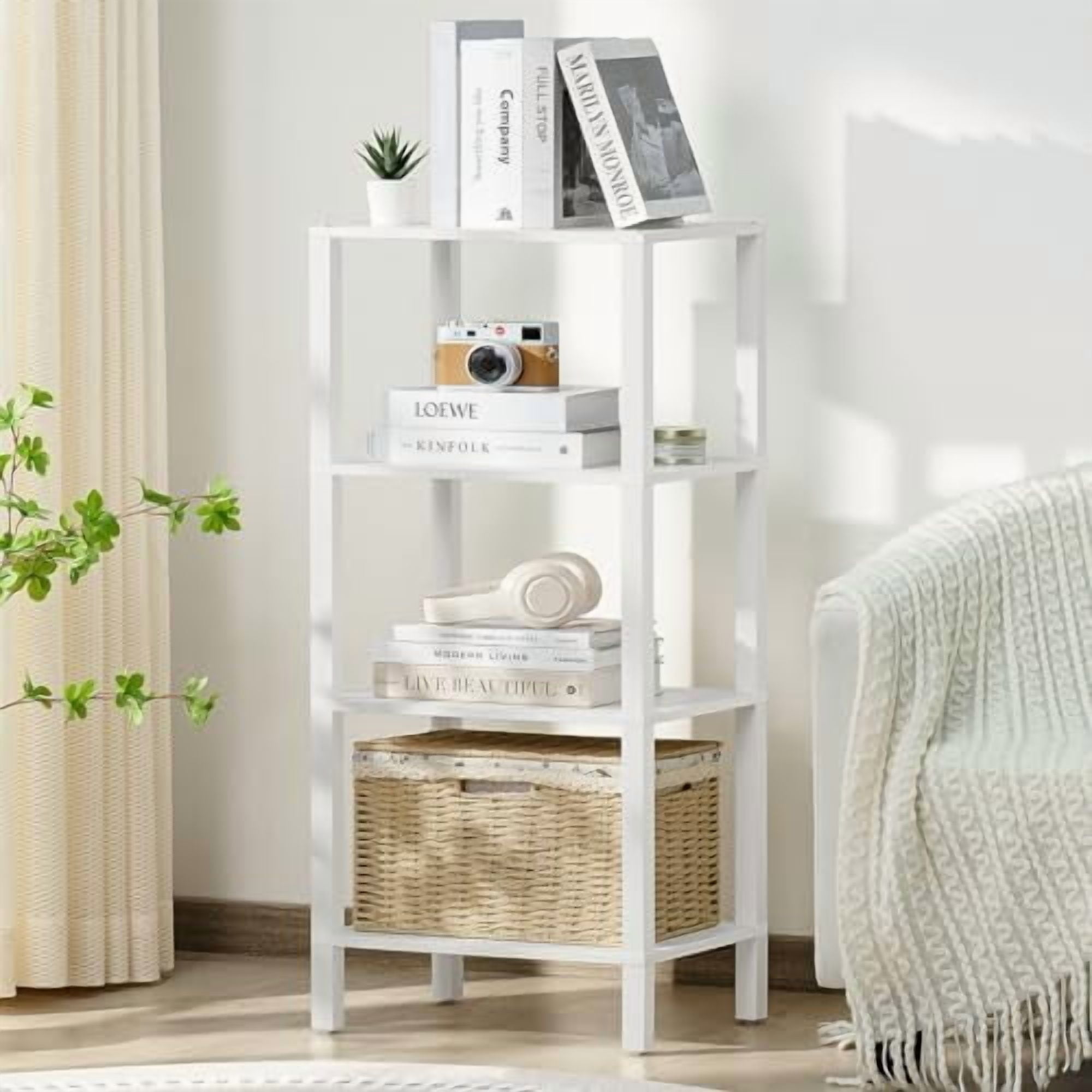 4 Tier Tall Wooden Bookshelf with Storage - Small White Bookcase for ...