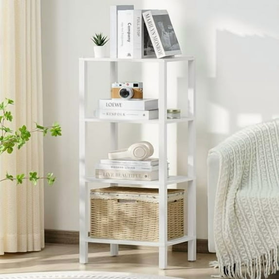 4 Tier Tall Wooden Bookshelf with Storage - Small White Bookcase for ...