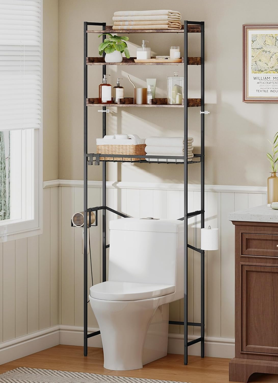 4 Tier Over The Toilet Storage Shelf with 3 Adjustable Shelves, Space ...