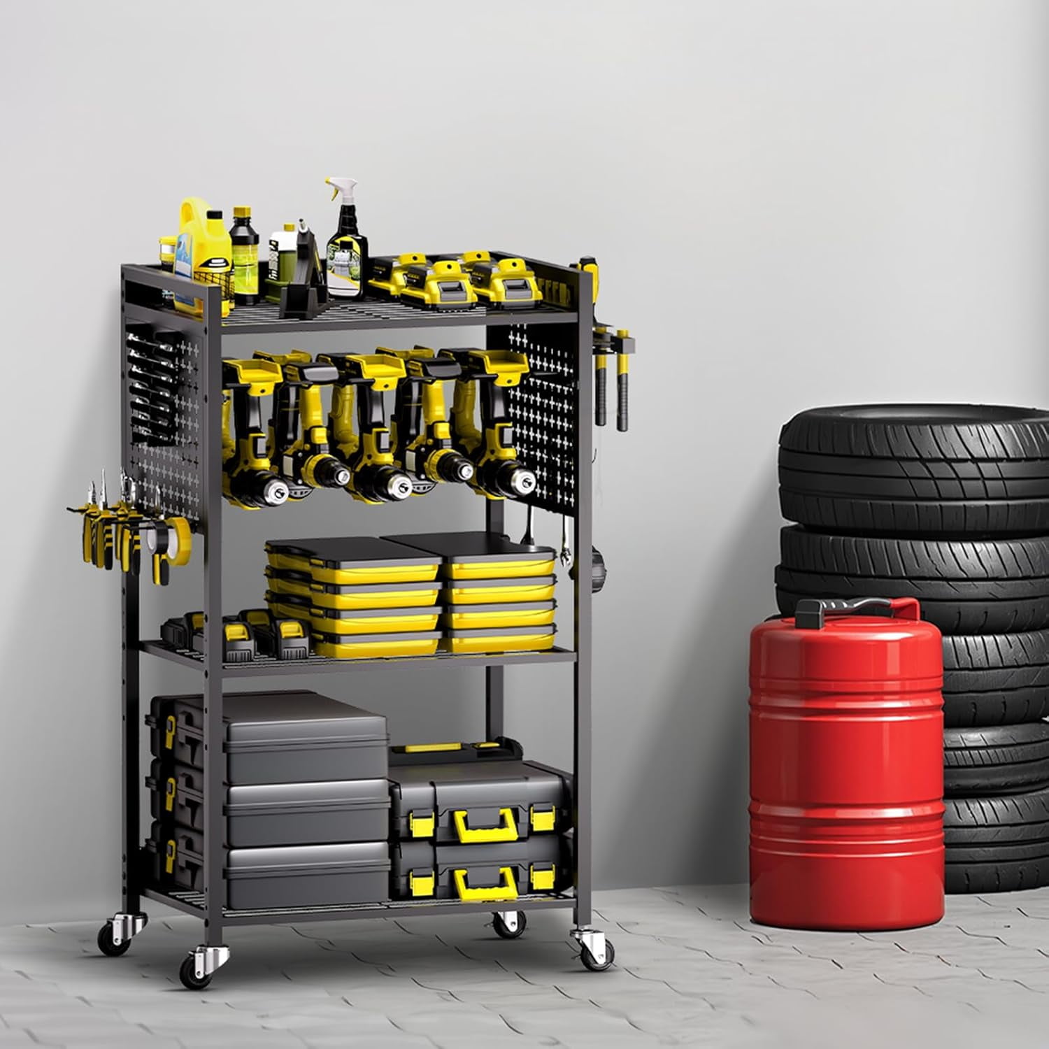 4-Tier Tool Organizer Cart, Heavy Duty Rolling Storage Rack with 150 ...