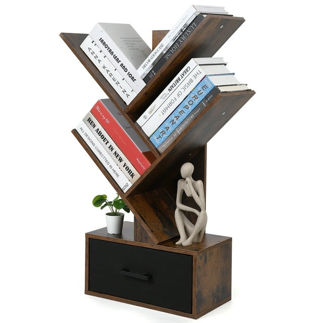 4 Tier Tree Bookshelf, Shelf Bookcase with Drawer, Wooden Bookshelves ...