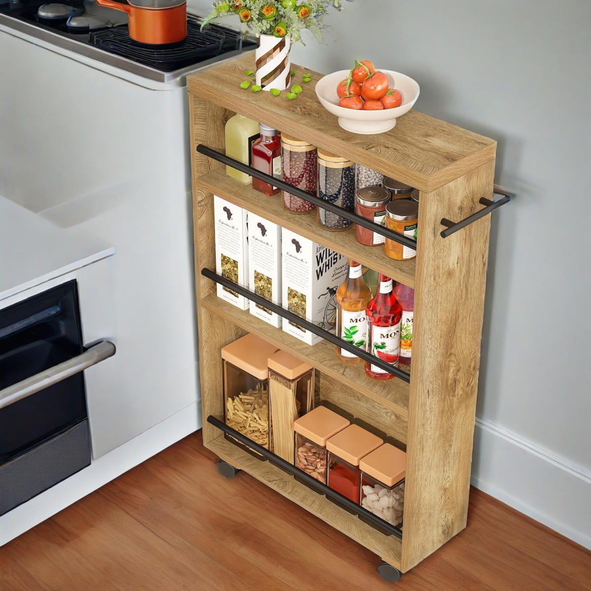 4 Tier Utility Slim Storage Cart with Side Handle, 6.3" Width Rolling ...