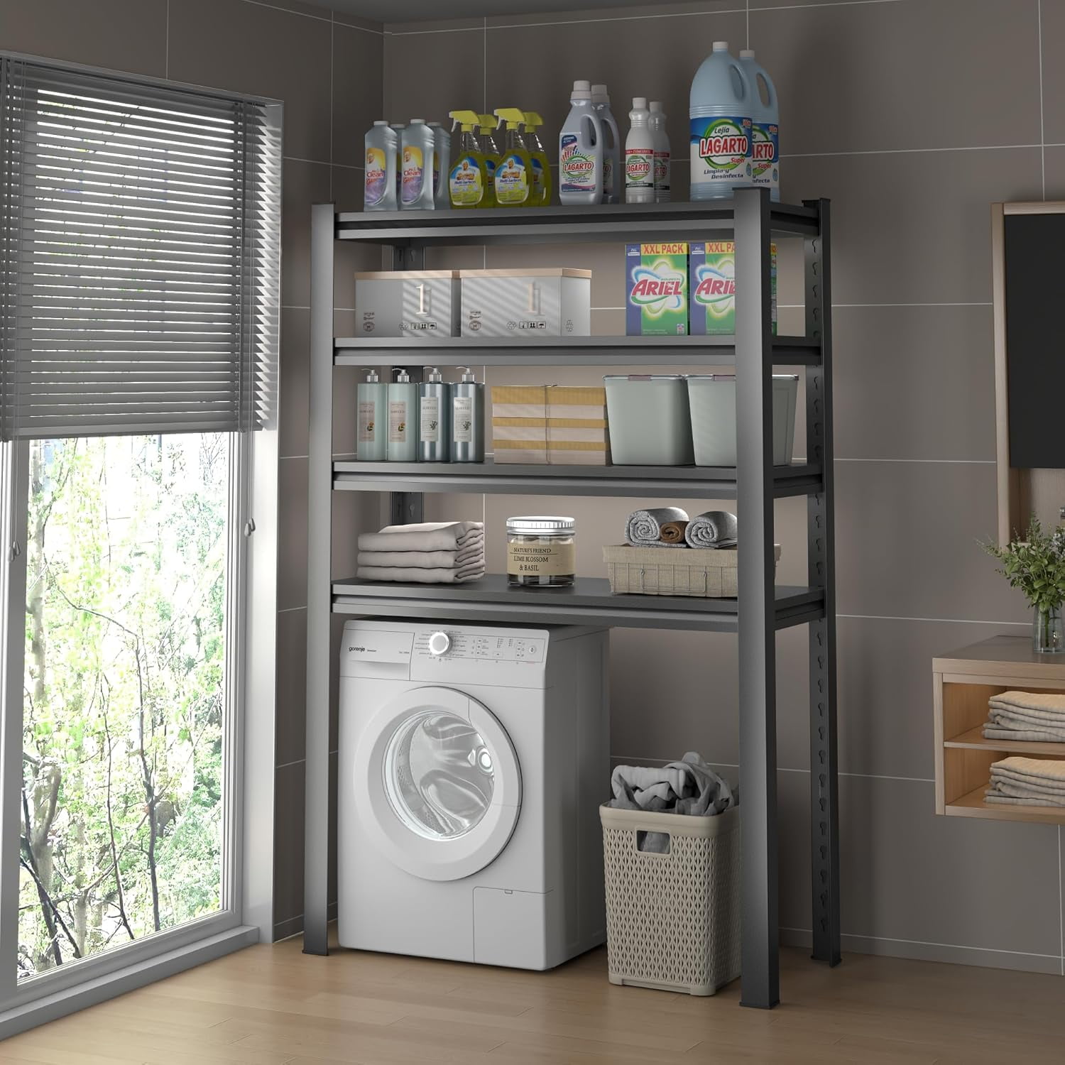4 Tier Vertical Laundry Organizer Shelf,Over The Washer Steel Storage ...