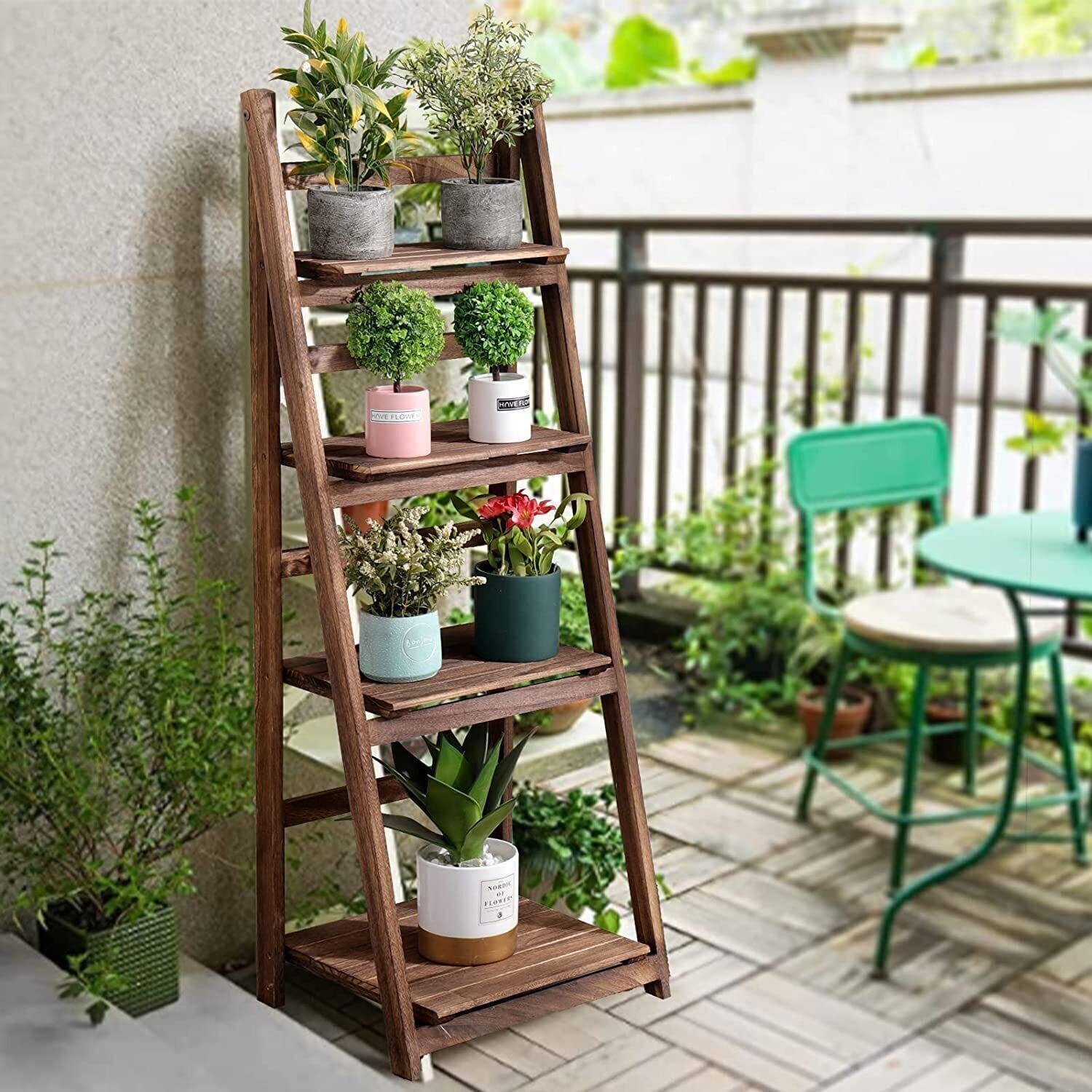 4 Tier Vintage Foldable Wooden Ladder Shelf Flower Plant Book Display ...