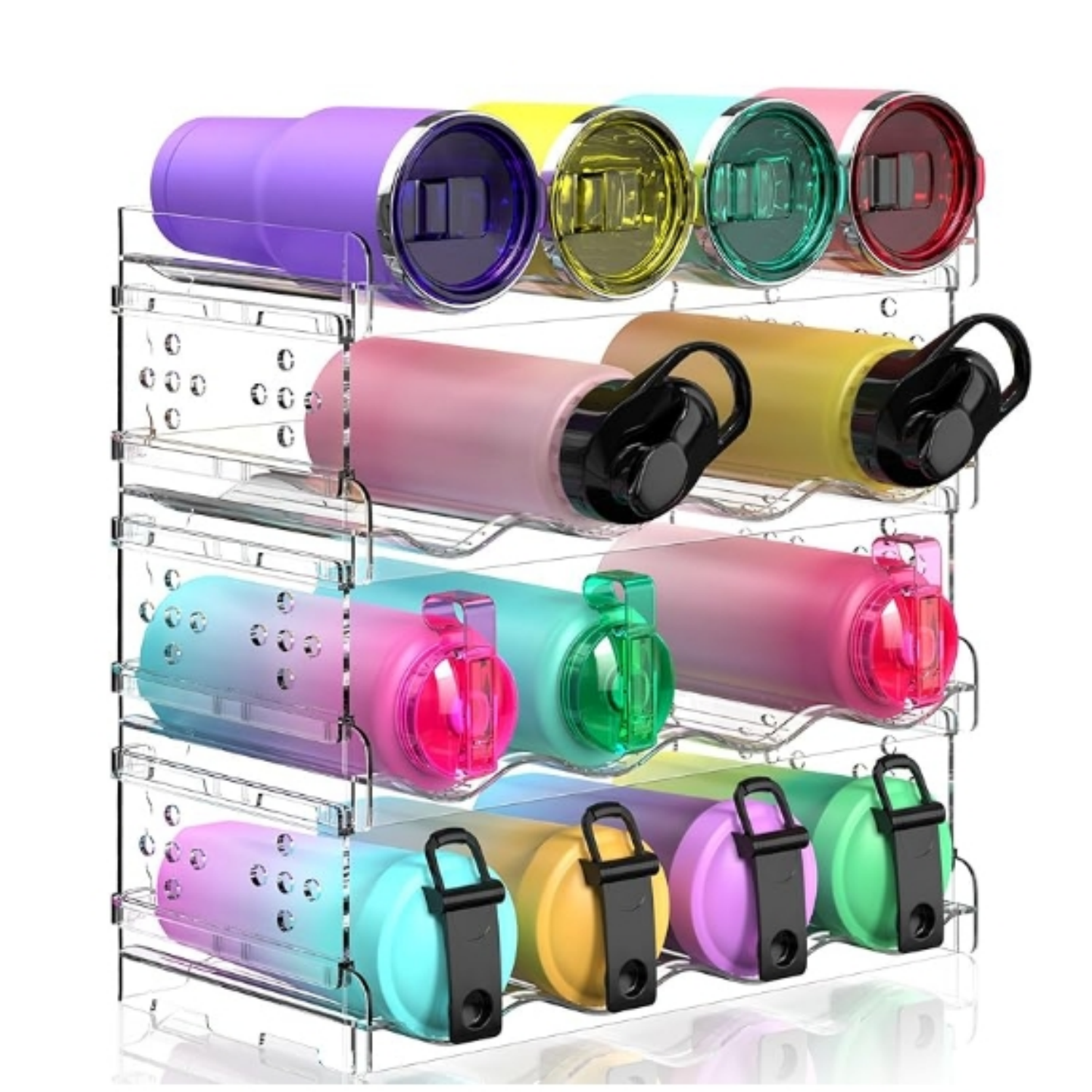 4 Tier Water Bottle Organizer - 16 Bottle Stackable Holder for Tumblers ...