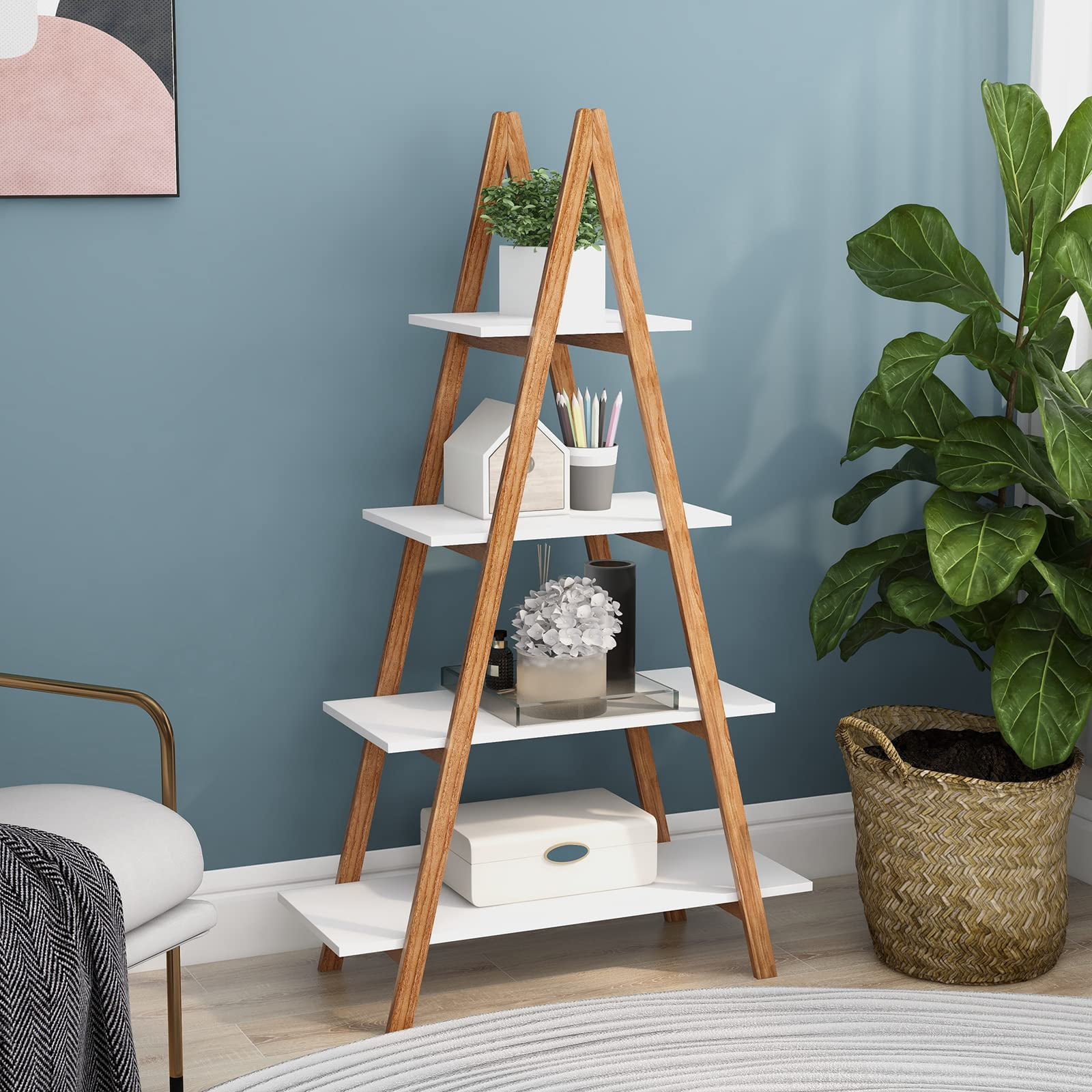 4 Tier White Ladder Shelf, A Frame Wood Ladder Bookshelf, Modern ...