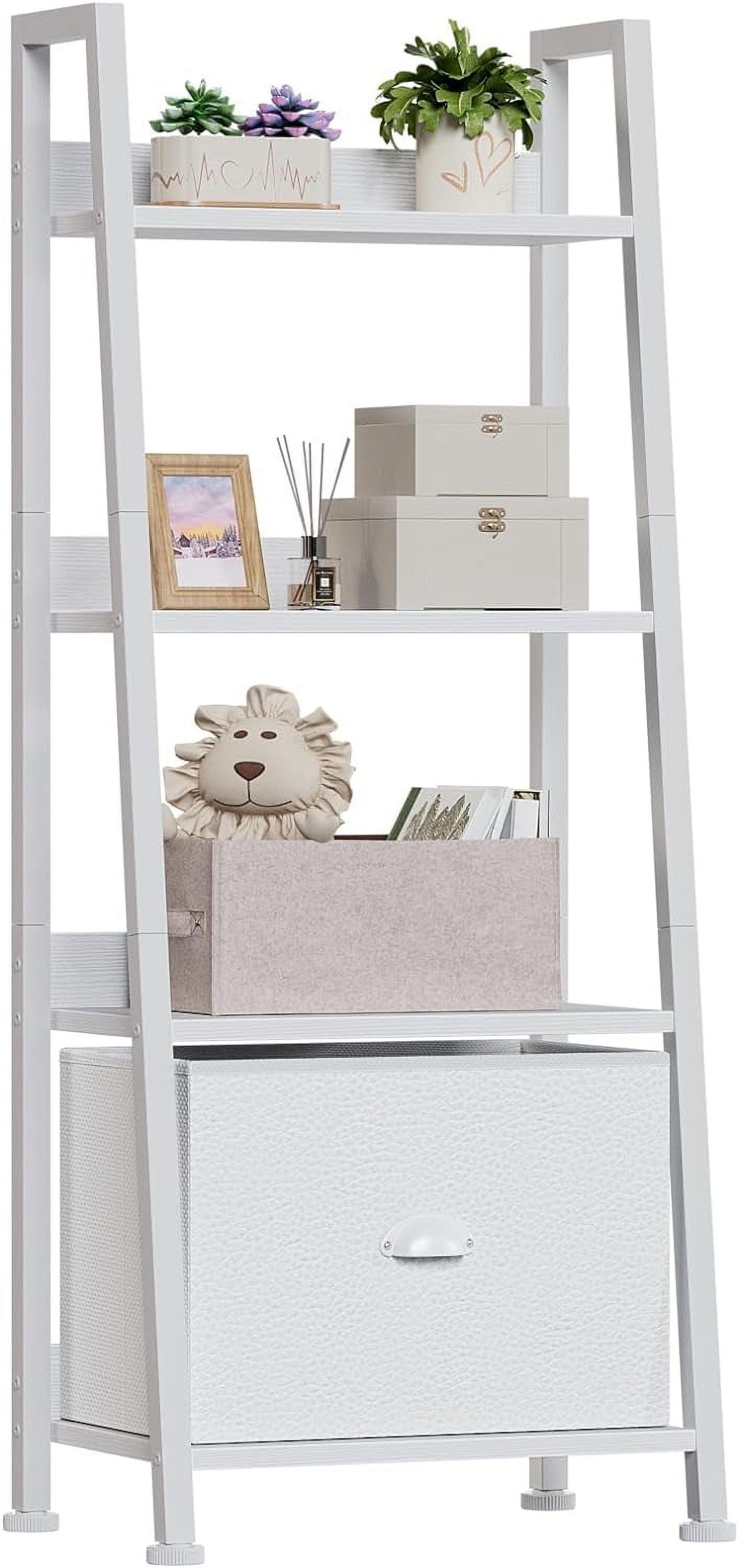 4-Tier White Ladder Shelf, Ladder Bookshelf with Removable Drawer ...
