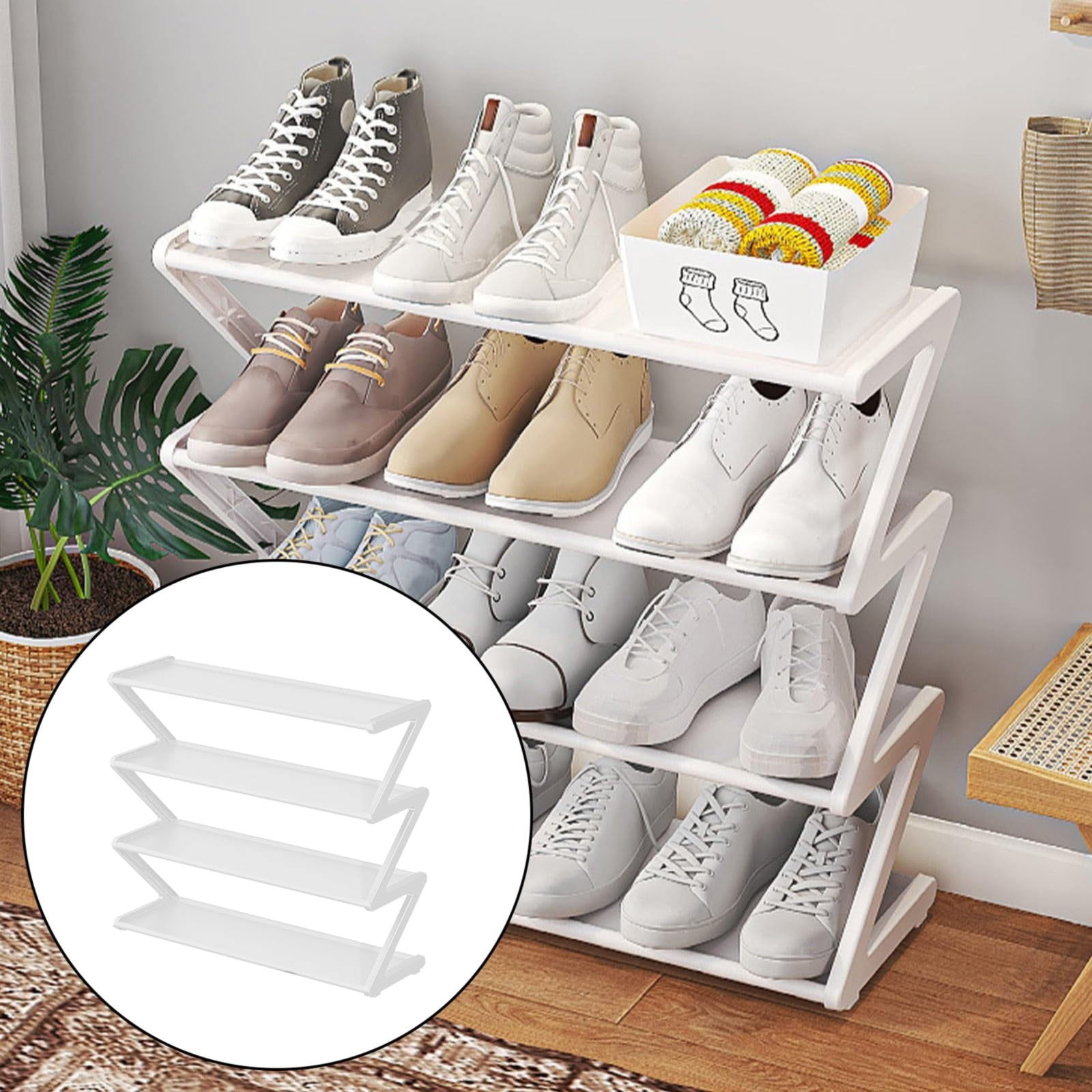 4-Tier White Plastic & Metal Narrow Shoe Rack, Stackable Organizer ...