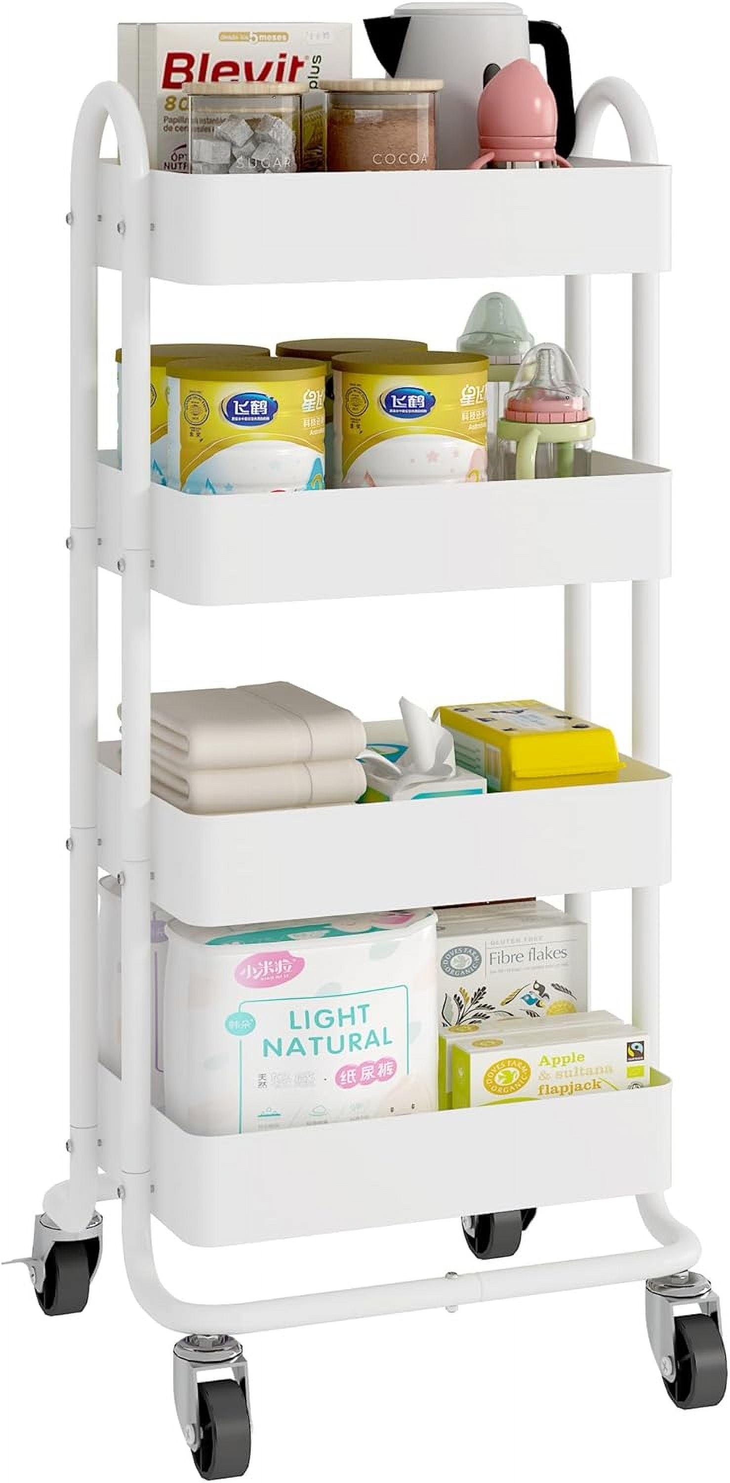 4-Tier White Rolling Cart,Metal Utility Rolling Cart with Handle,Steel ...