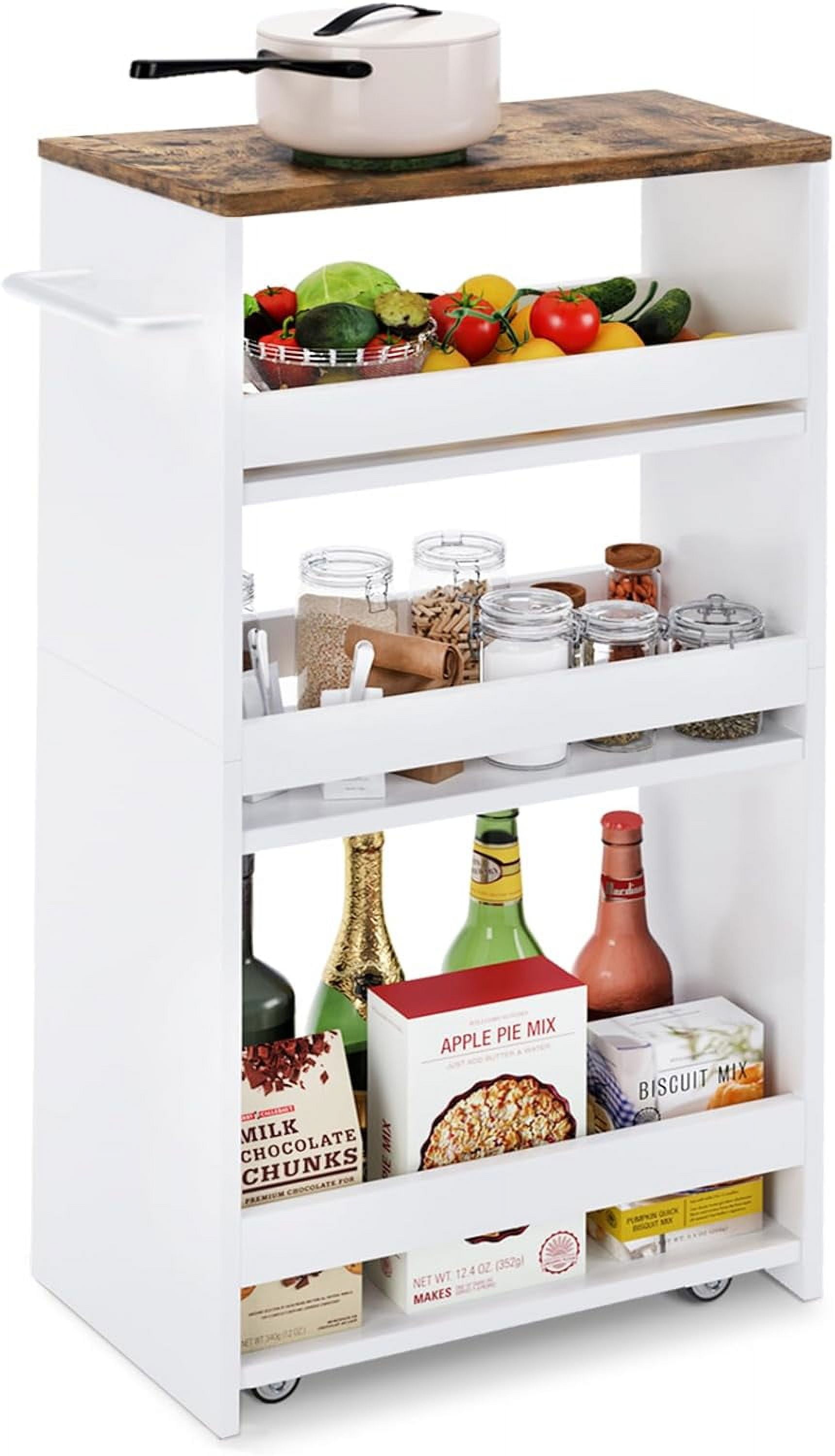 4 Tier White Slim Storage Cart with Handle, 7.9''W Slide Out Storage ...