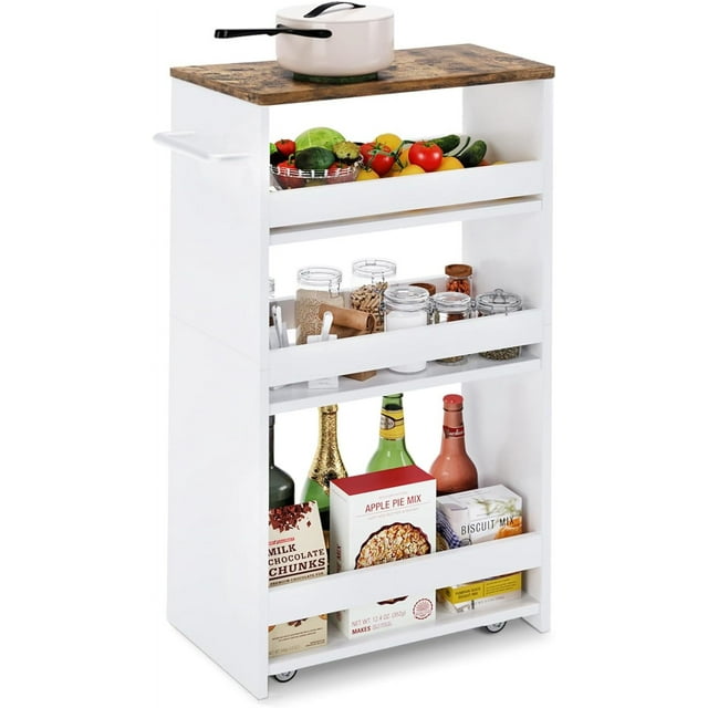 4 Tier White Slim Storage Cart with Handle, 7.9''W Slide Out Storage ...