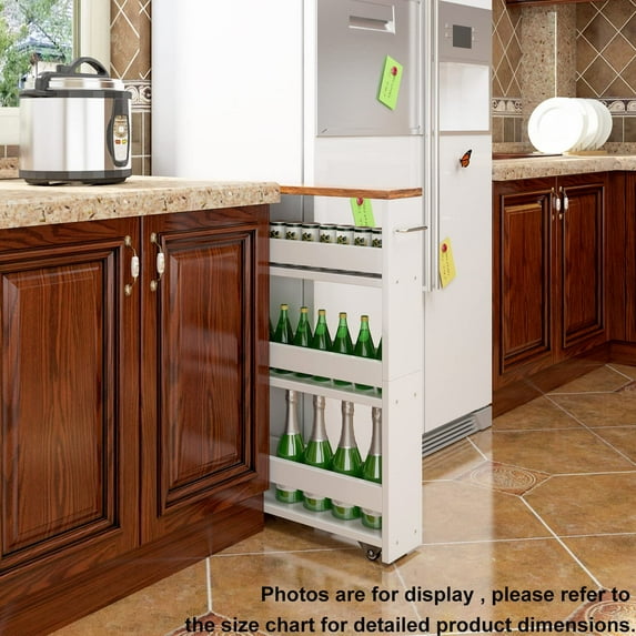 4 Tier White Slim Storage Cart with Handle, Slide Out Storage Rolling ...