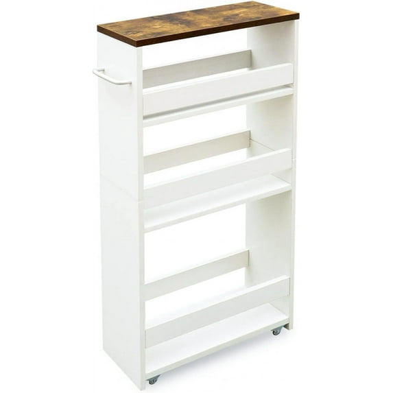 4 Tier White Slim Storage Cart with Handle, Slide Out Storage Rolling ...