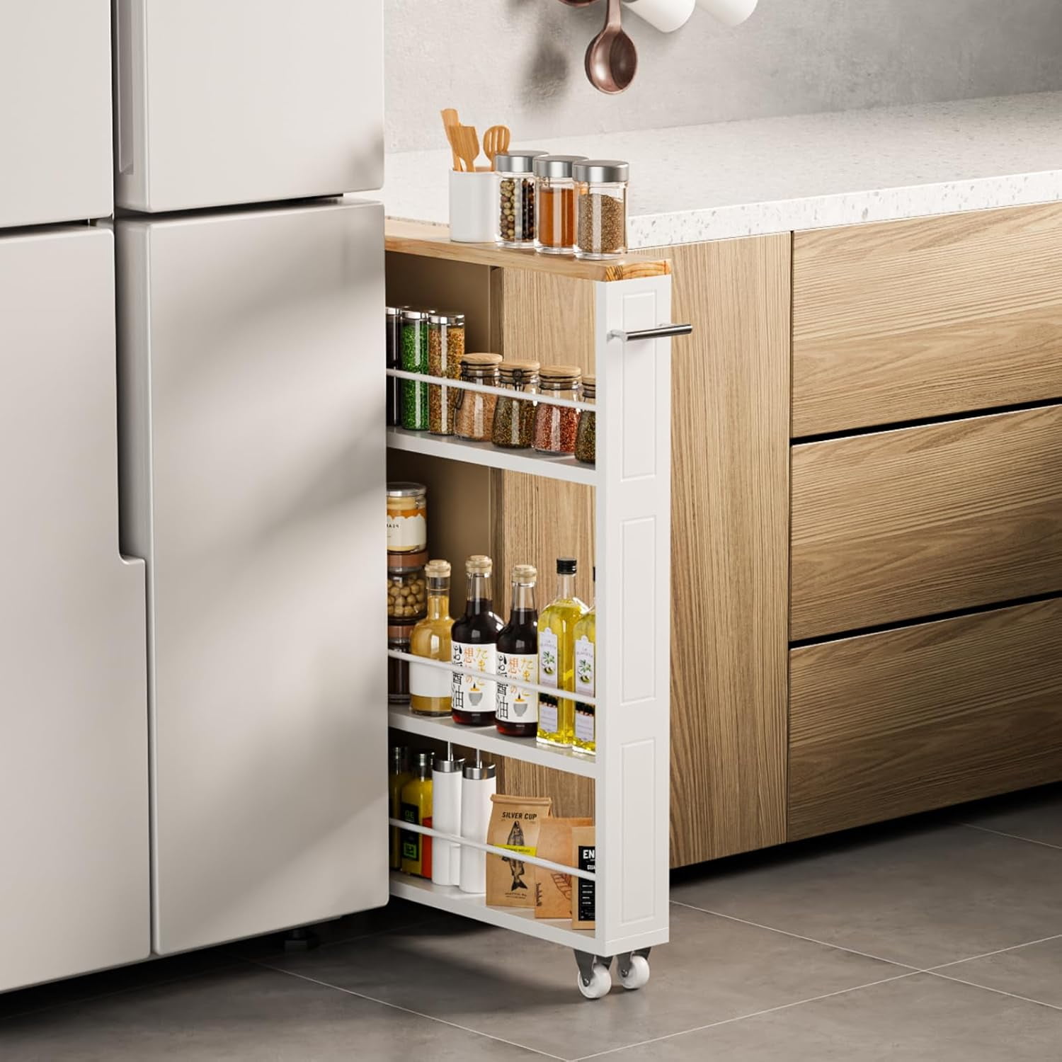 4 Tier White Slim Storage Cart with Handle, Slide Out Storage Rolling ...