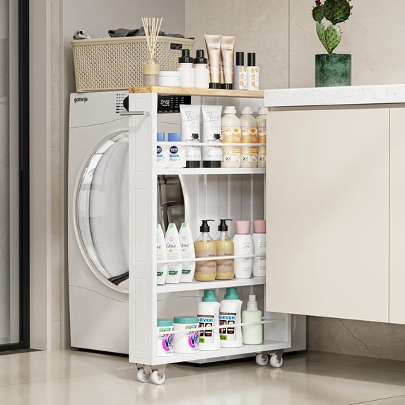 4 Tier White Slim Storage Cart with Handle, Slide Out Storage Rolling ...