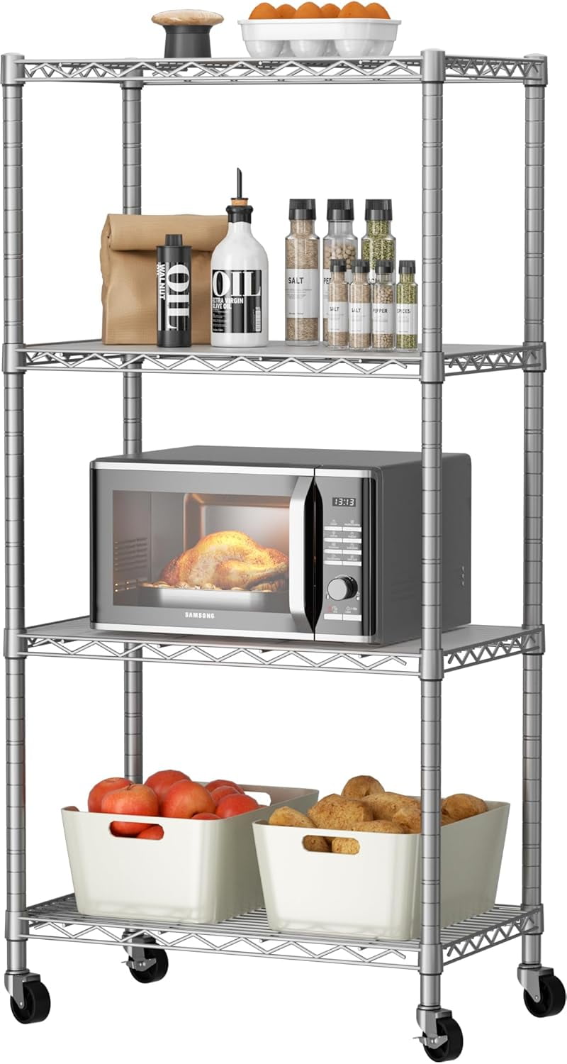 4-Tier White Wire Shelving Unit with Wheels, Metal Closet Bathroom ...