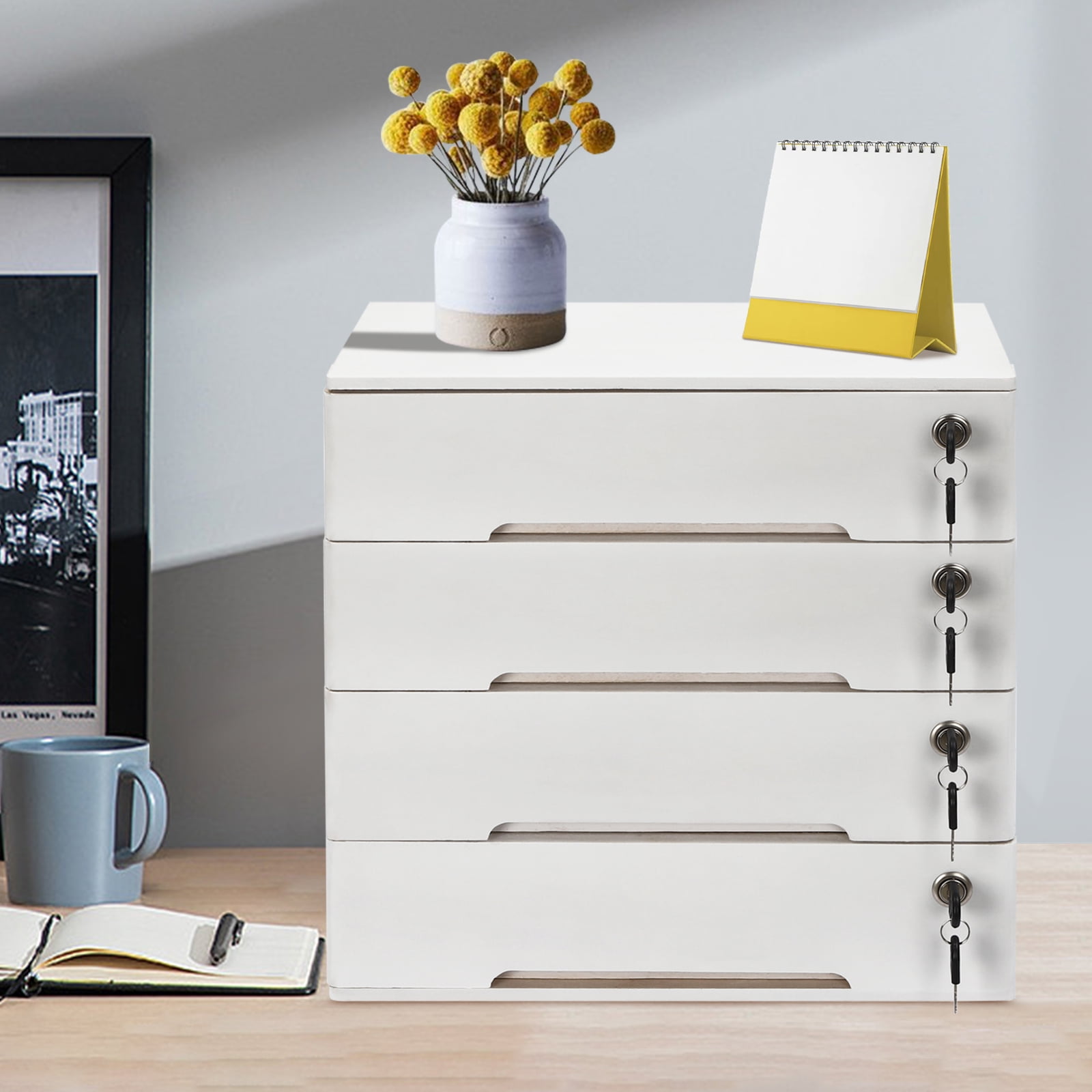 4-Tier White Wooden Desktop Storage Cabinet with Lock Rectangular ...