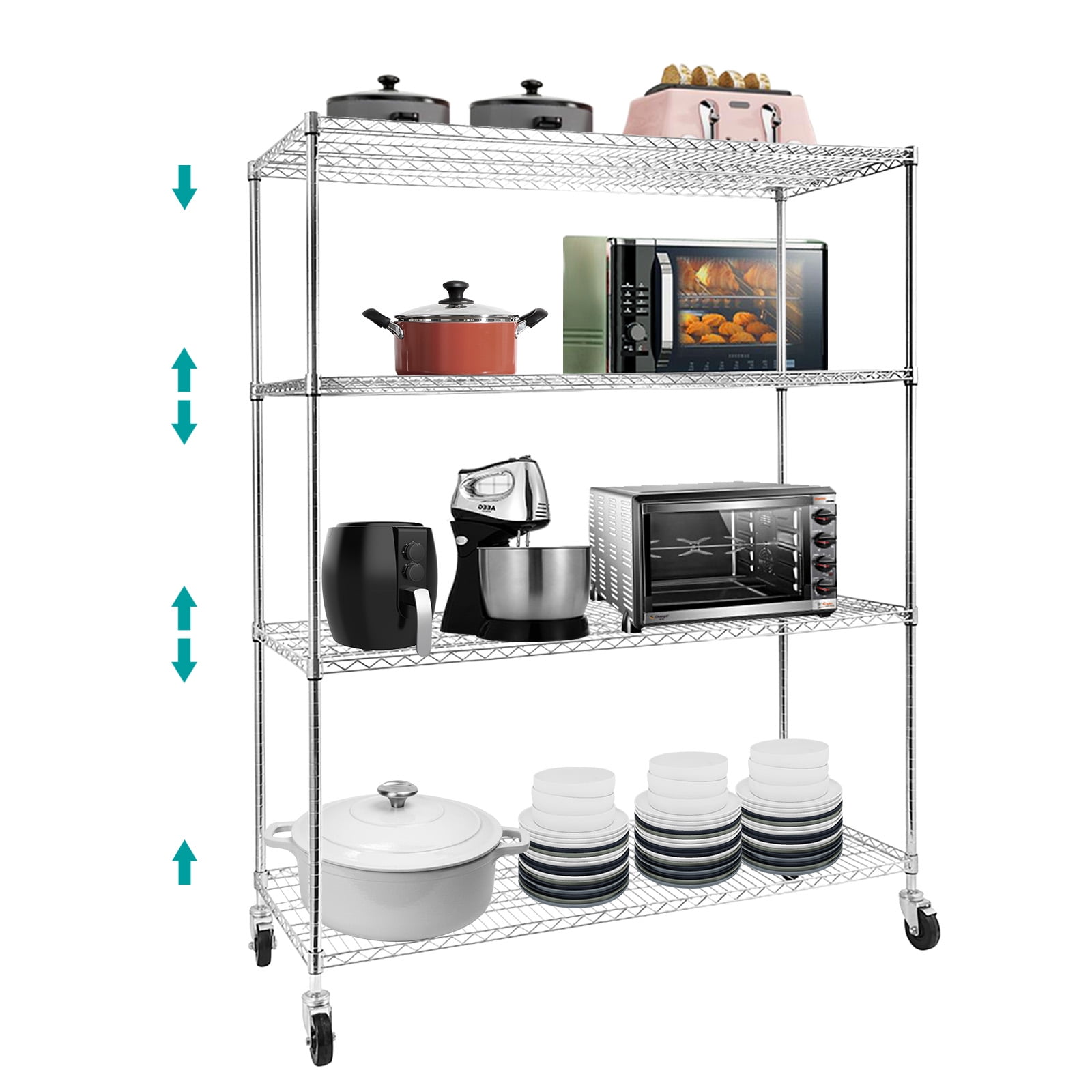 4 Tier Wire Shelving Unit, Adjustable Metal Storage Rack, Mobile Wire ...