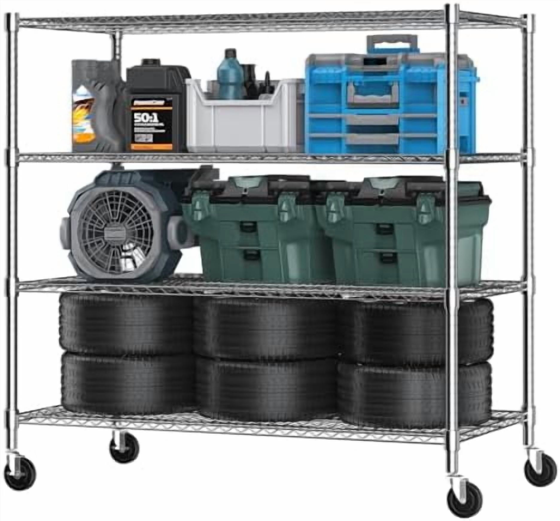 4 Tier Wire Shelving with Wheels Heavy Duty Height Adjustable Metal ...