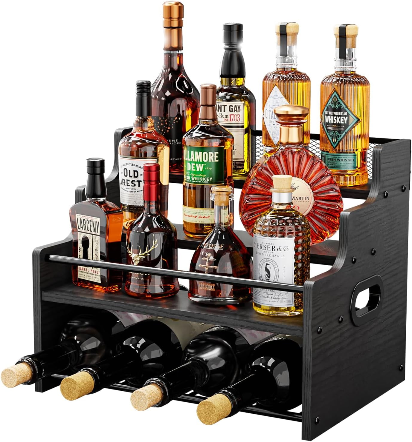 4-Tier Wood Display Shelf, Black Modern Bottle Organizer, Countertop ...