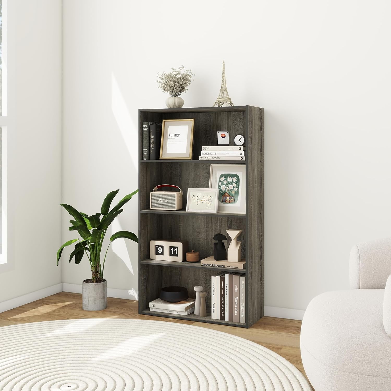 4-Tier Wood Open Bookshelf, Engineered Wood Rustic Book Shelves with 3 ...