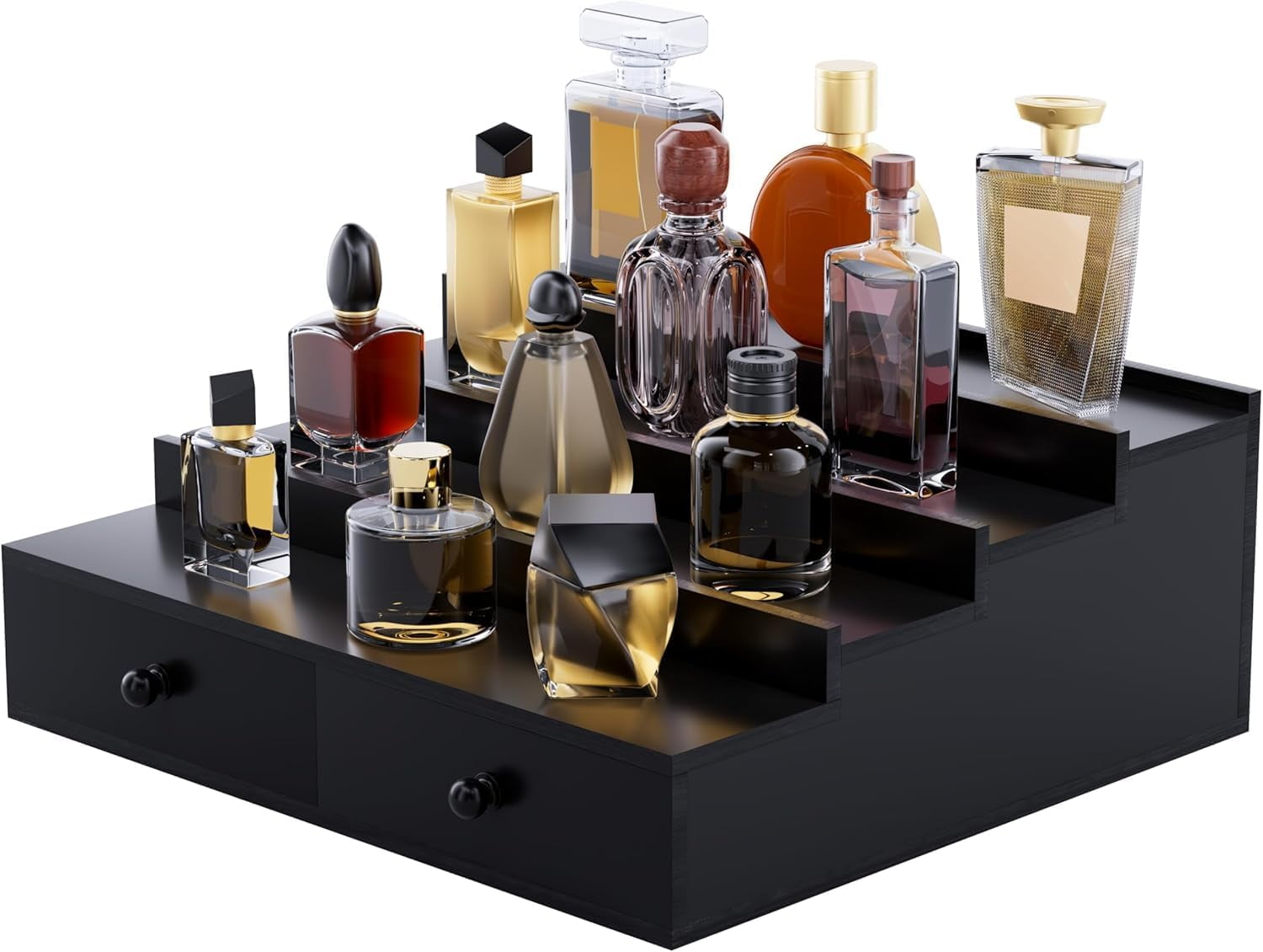 4 Tier Wooden Cologne Organizer with Drawer Storage and Hidden ...