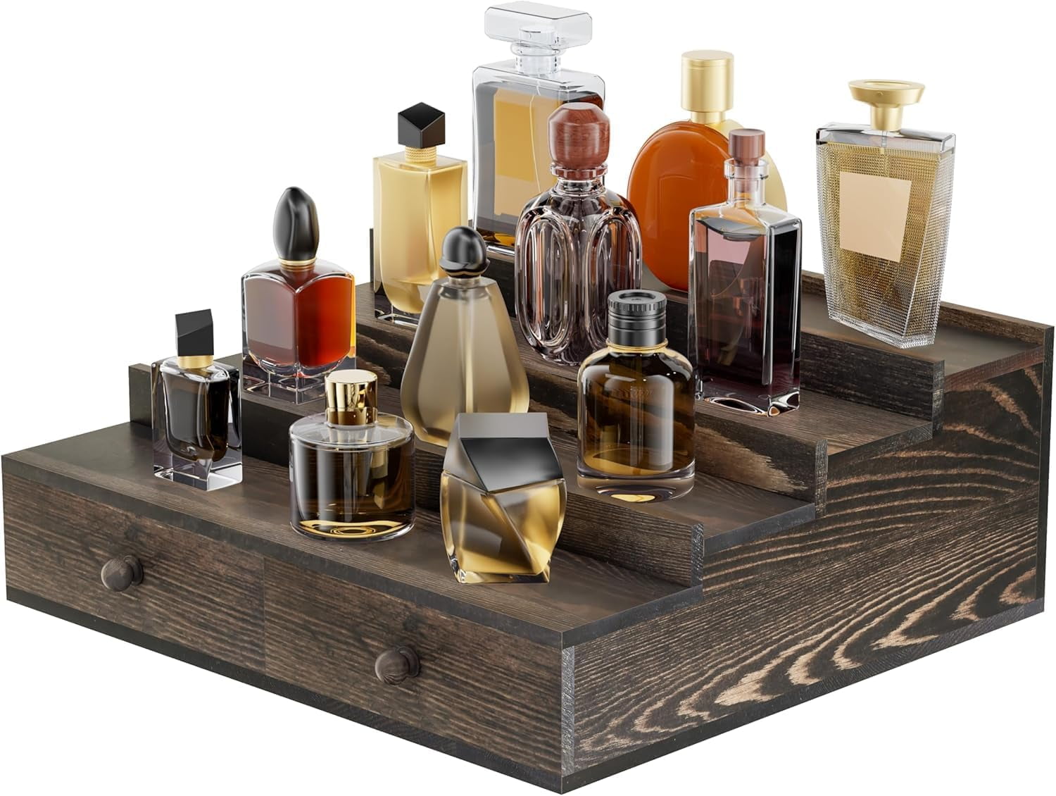4 Tier Wooden Cologne Organizer with Drawer Storage and Hidden ...