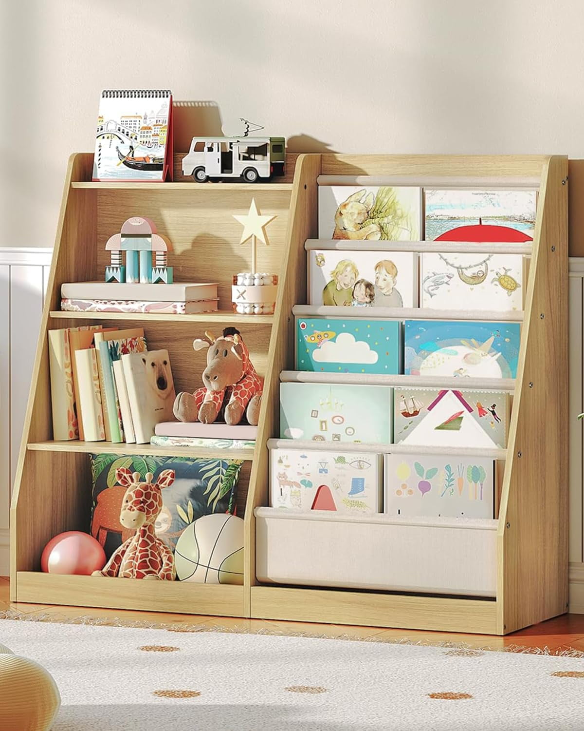 4-Tier Wooden Kids Bookshelf, Toddler Bookshelf with 6 Layer Fabric ...