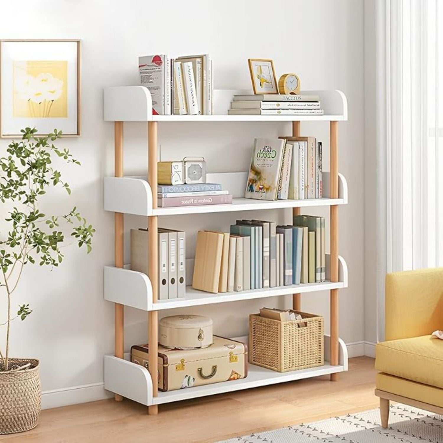 4-Tier Wooden Open Bookcase - Display Bookshelf with Side Panels and ...