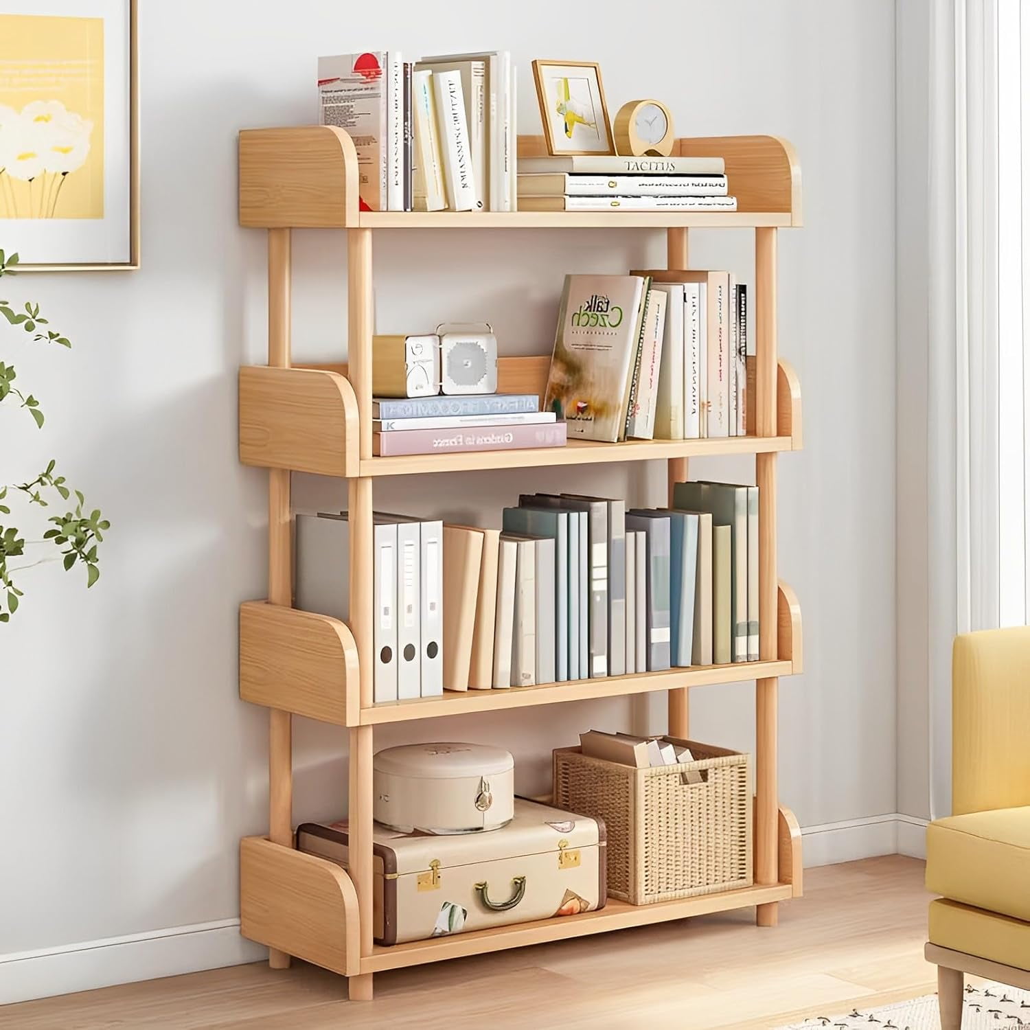 4-Tier Wooden Open Bookcase - Modern Display Bookshelf with Side Panels ...