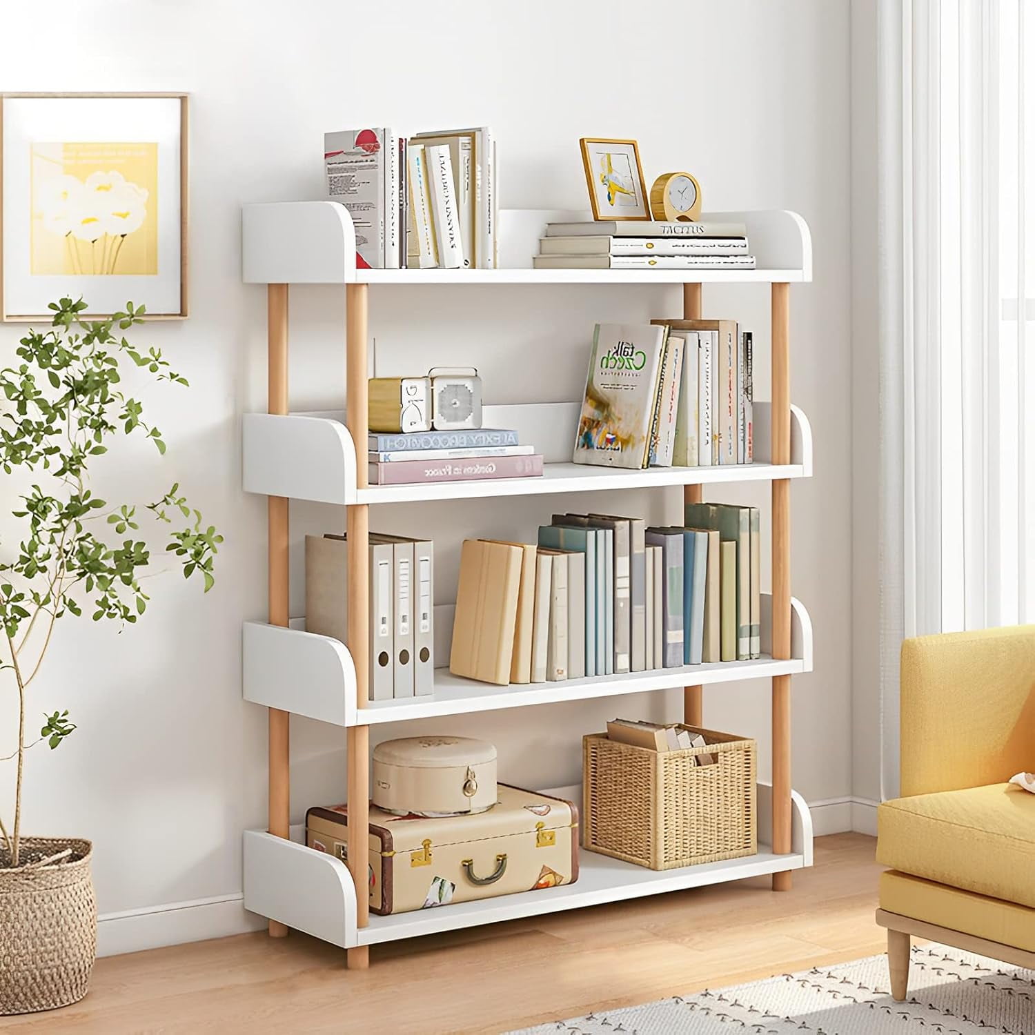 4-Tier Wooden Open Bookcase - Modern Display Bookshelf with Side Panels ...
