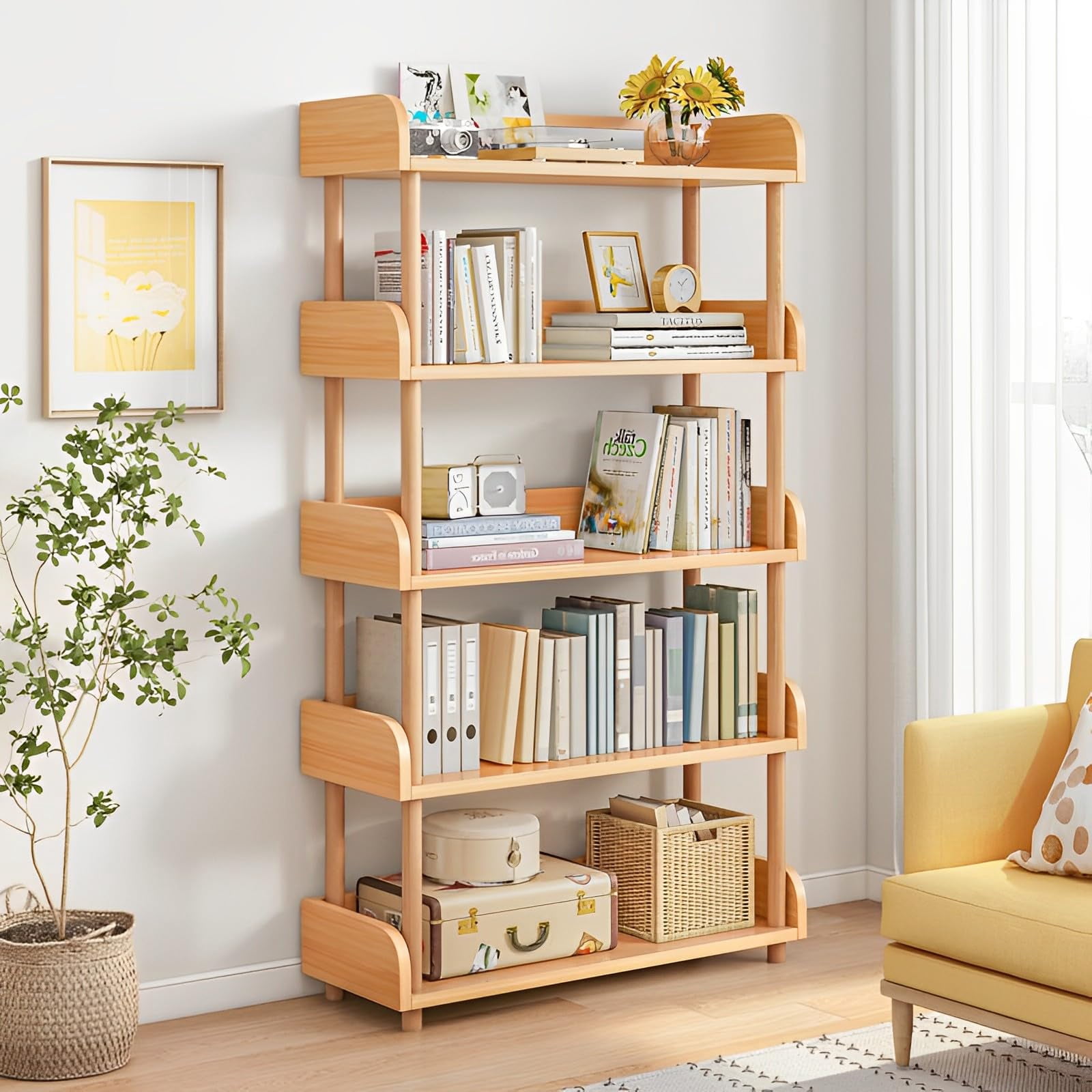 4-Tier Wooden Open Bookcase - Modern Display Bookshelf with Top Edge ...