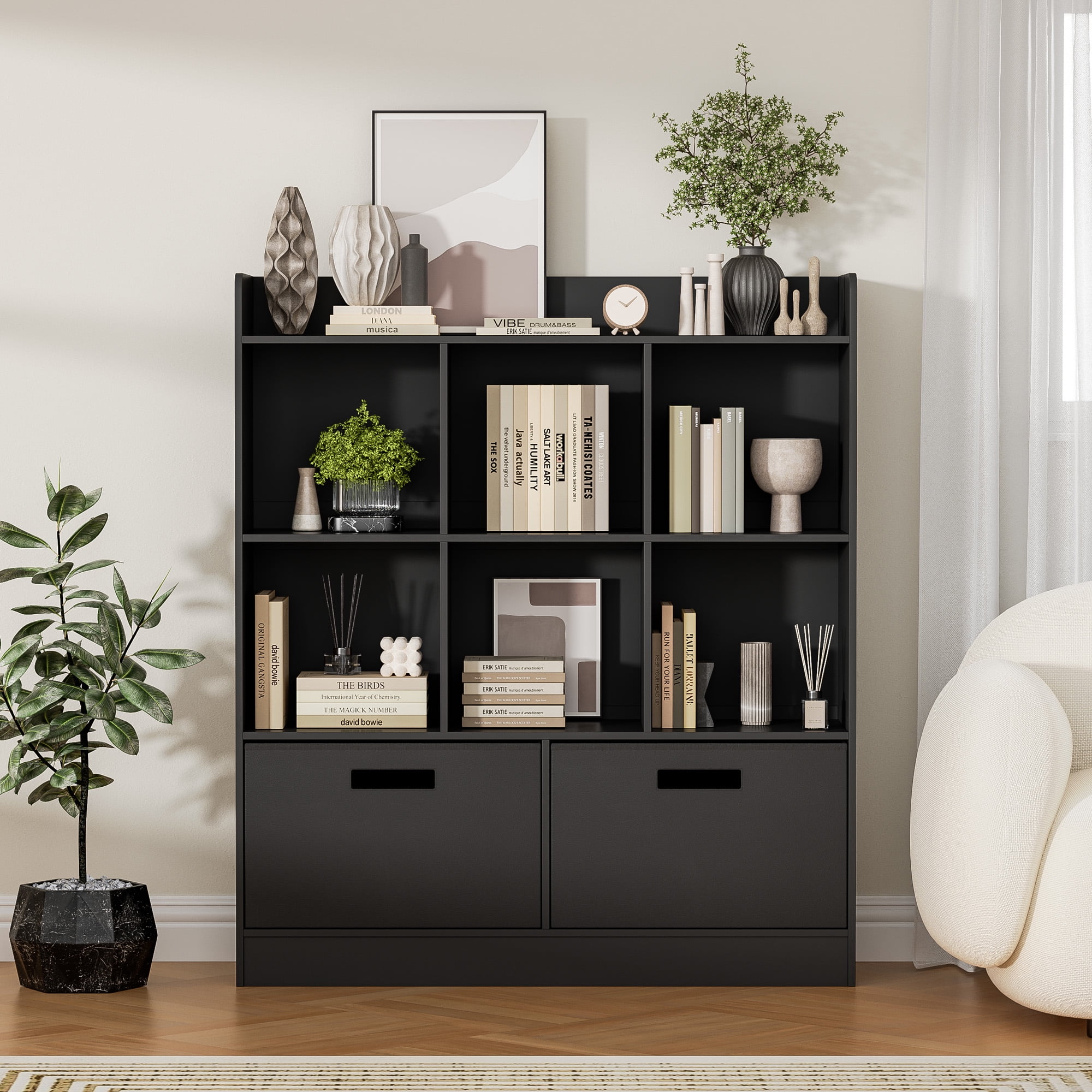 4-Tier Wooden Open Shelf Bookcase with Fabric Drawers, 8 Cube Kids ...