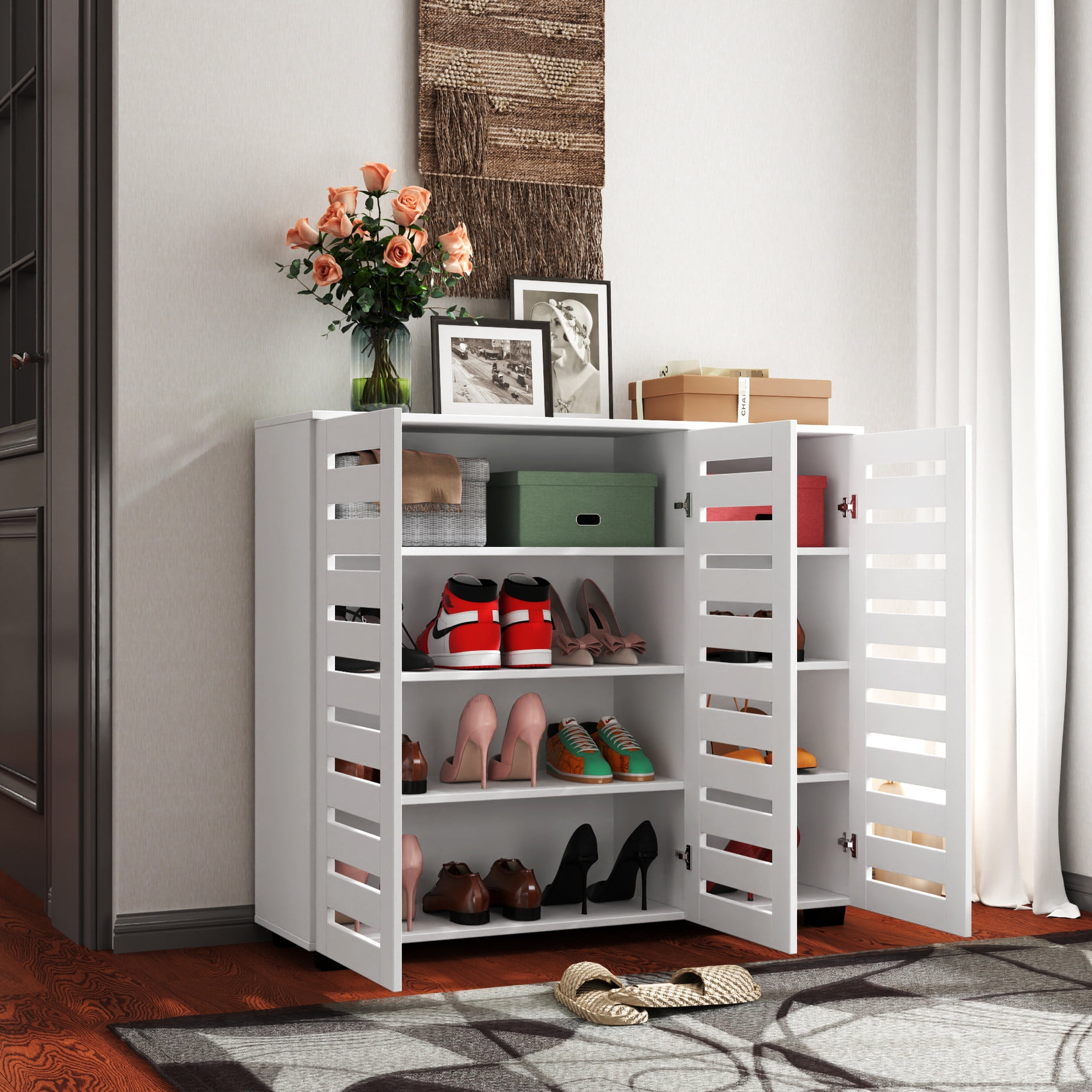 4-Tier Wooden Shoe Cabinet+Removable Partitions”-“Closet Storage+Fit ...