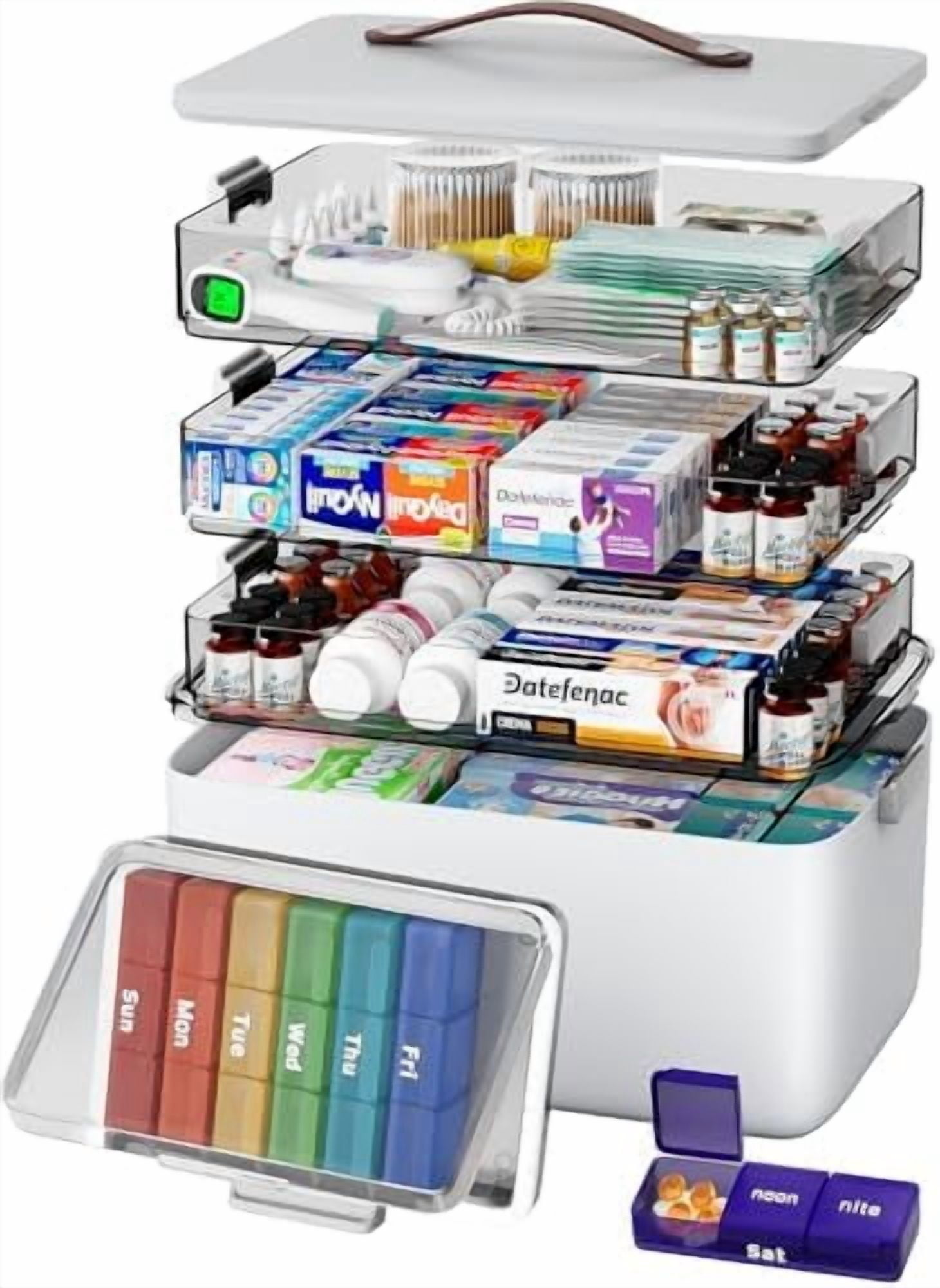 4-Tier XL Medicine Organizer with Leather Handle - Portable Pill Case ...