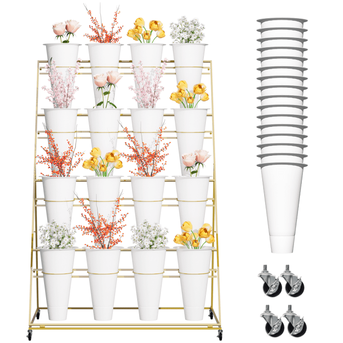 4-Tiered Gold Floral Stand with 16 White Round Buckets, Metal Plant ...