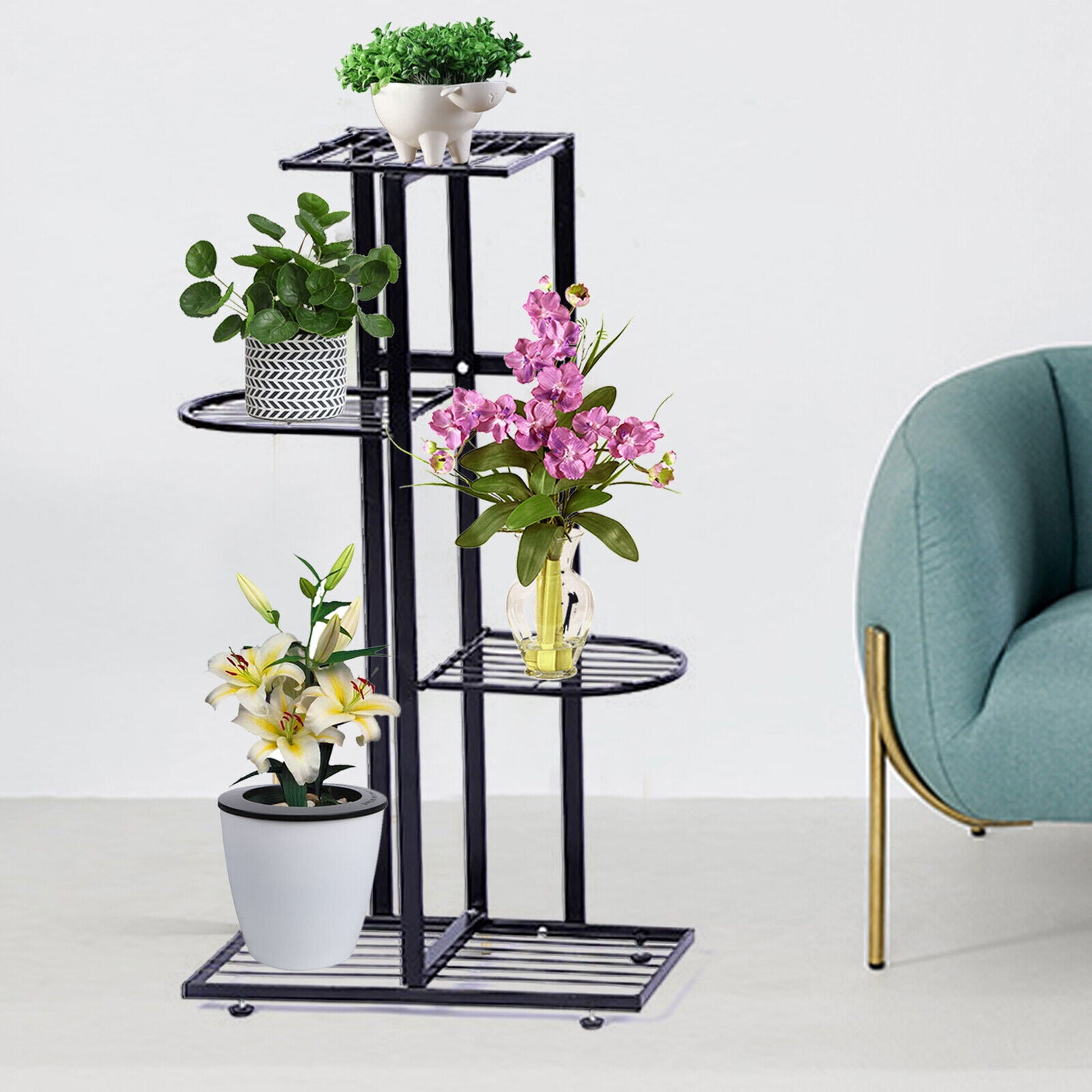 4 Tiers 5 Pots Metal Plant Stand Flower Pot Display Holder Shelf Home ...