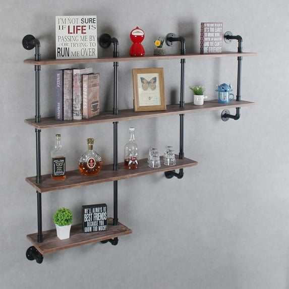 4-Tiers 63inch Industrial Pipe Shelving Rustic Wooden&Metal Floating ...