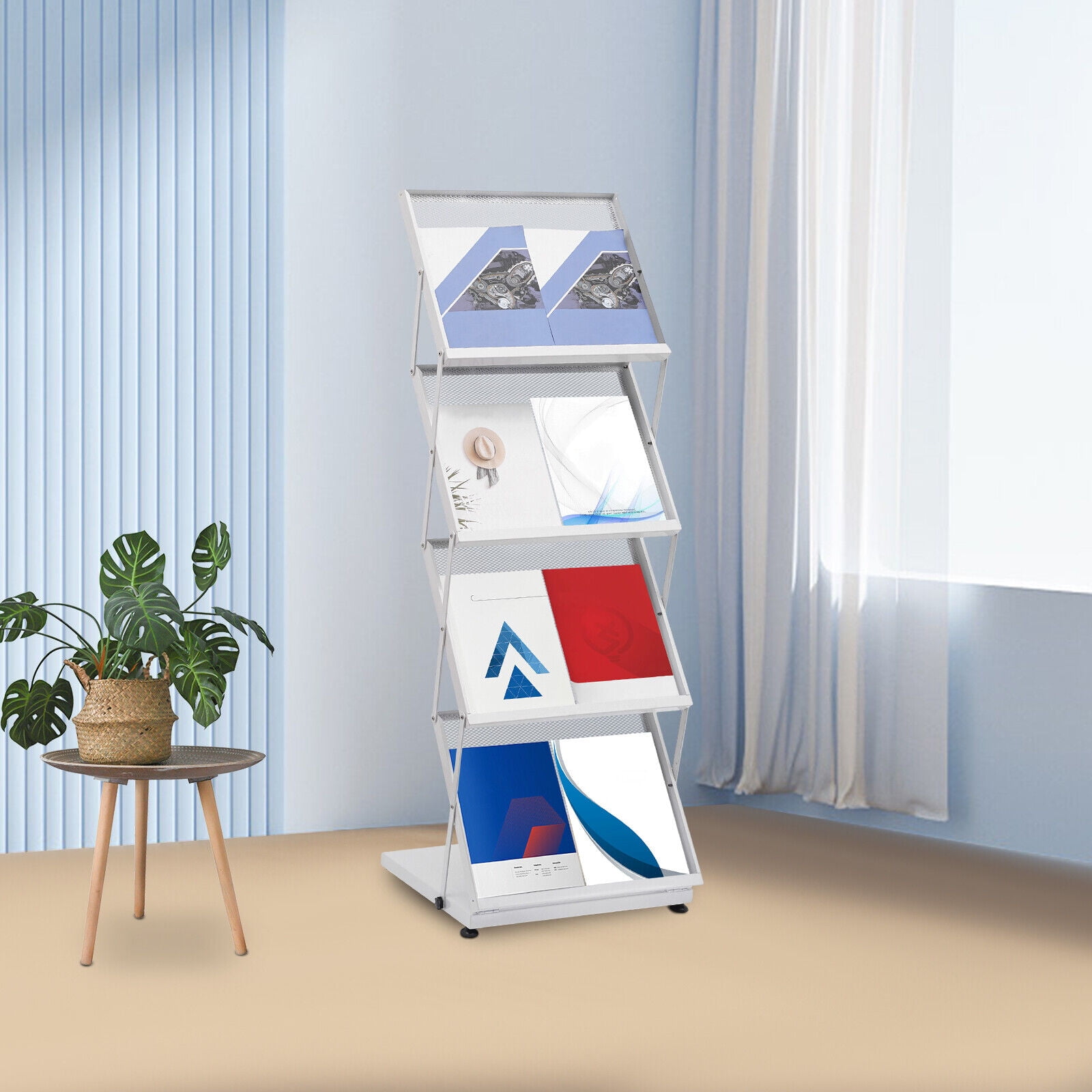4 Tiers A3 Foldable Brochure Metal Newspapers Magazine Stand White ...