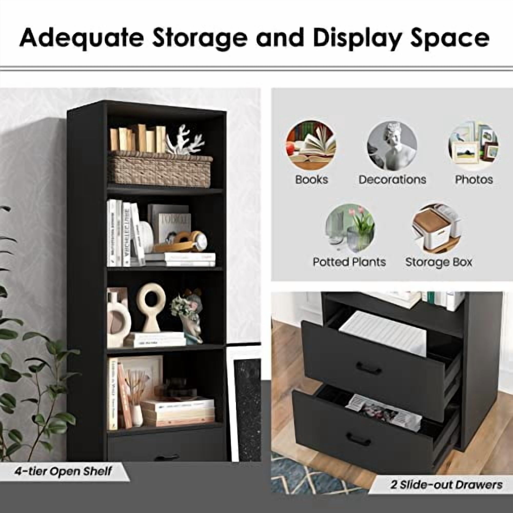 4-Tiers Bookcase, 74” Tall Book Shelf Craft Storage Cabinet with 2 ...