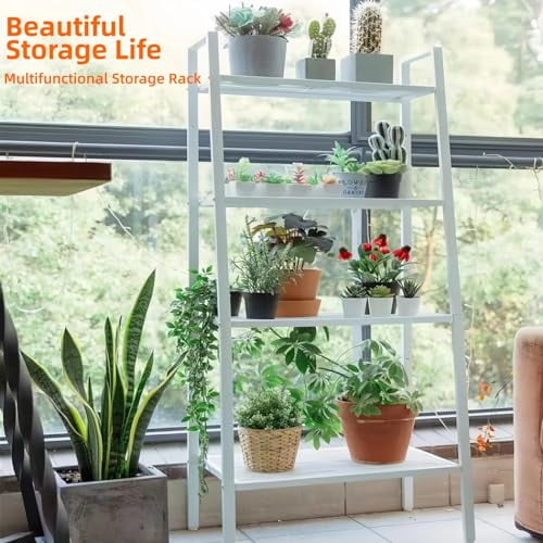 4 Tiers Bookshelf,Ivory White Iron Book Shelf,Modern Corner Shelf with ...