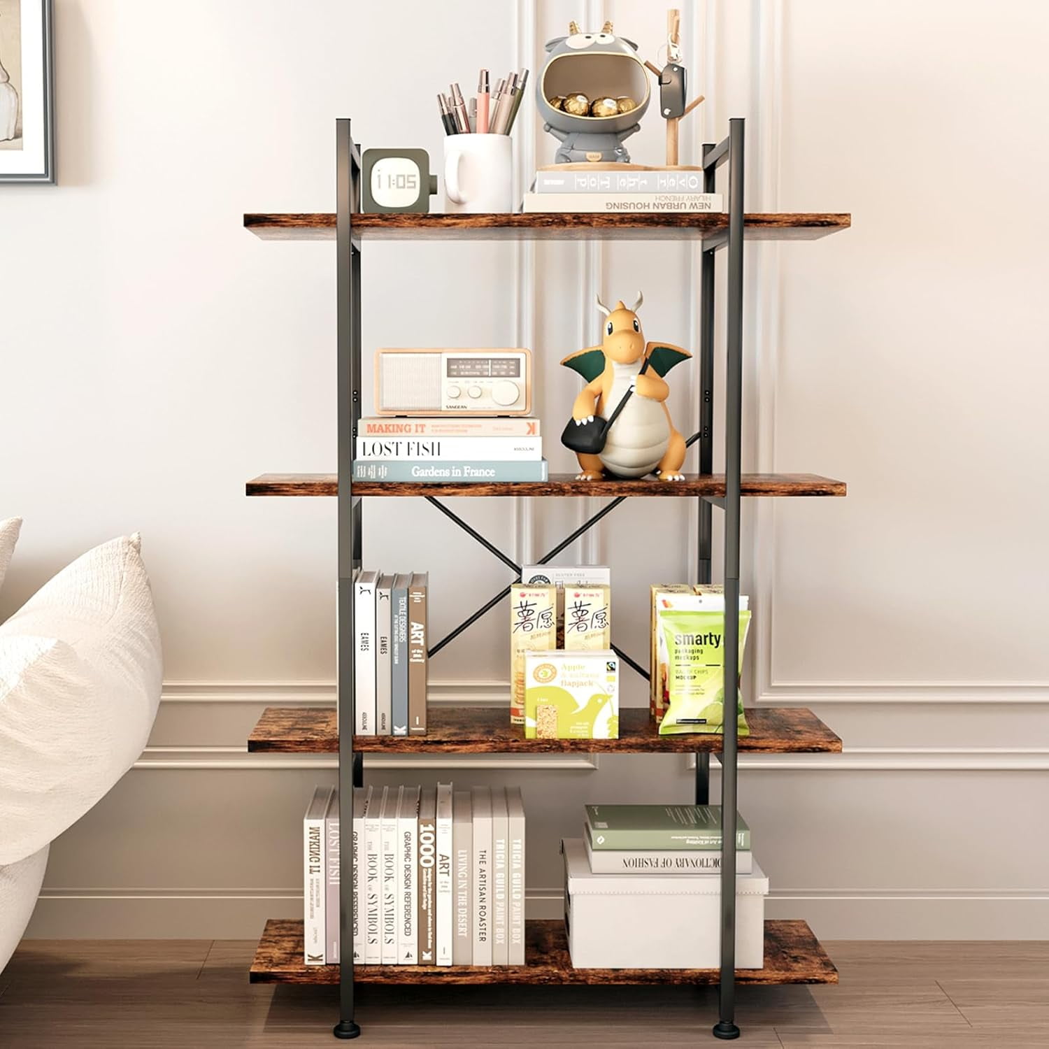 4 Tiers Bookshelf Rustic Brown Wooden Storage Shelf, Industrial Shelf ...