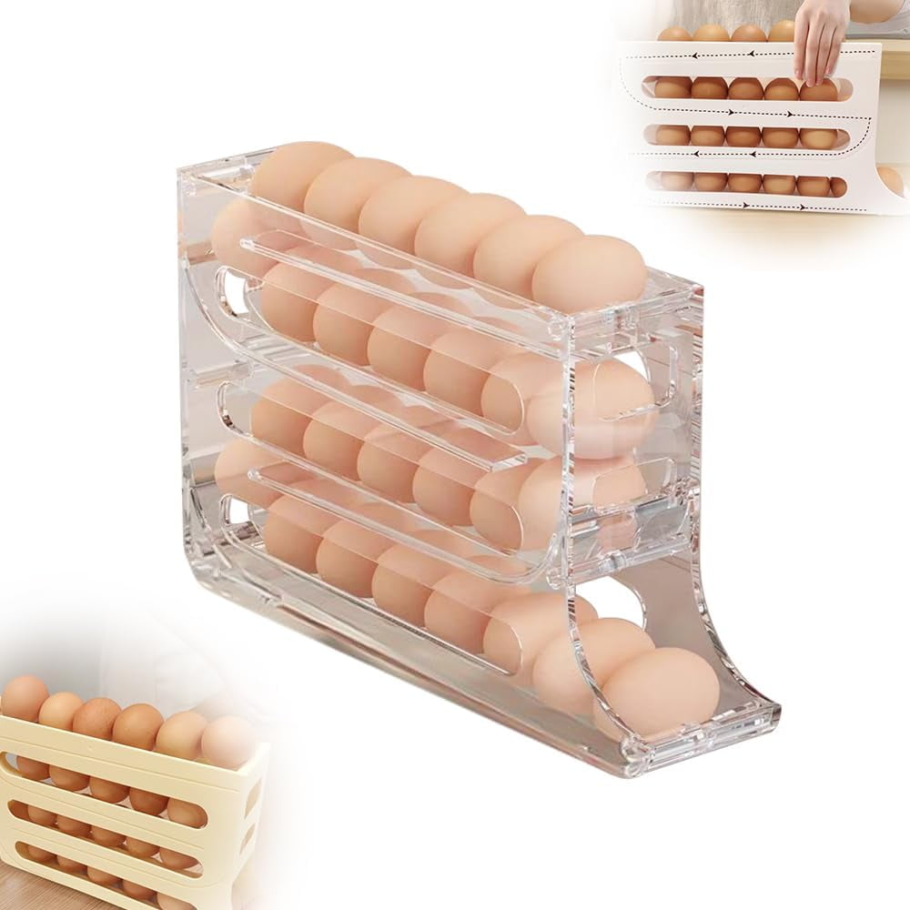 4 Tiers Egg Holder for Fridge, 2024 New Automatic Scrolling Egg Rack ...