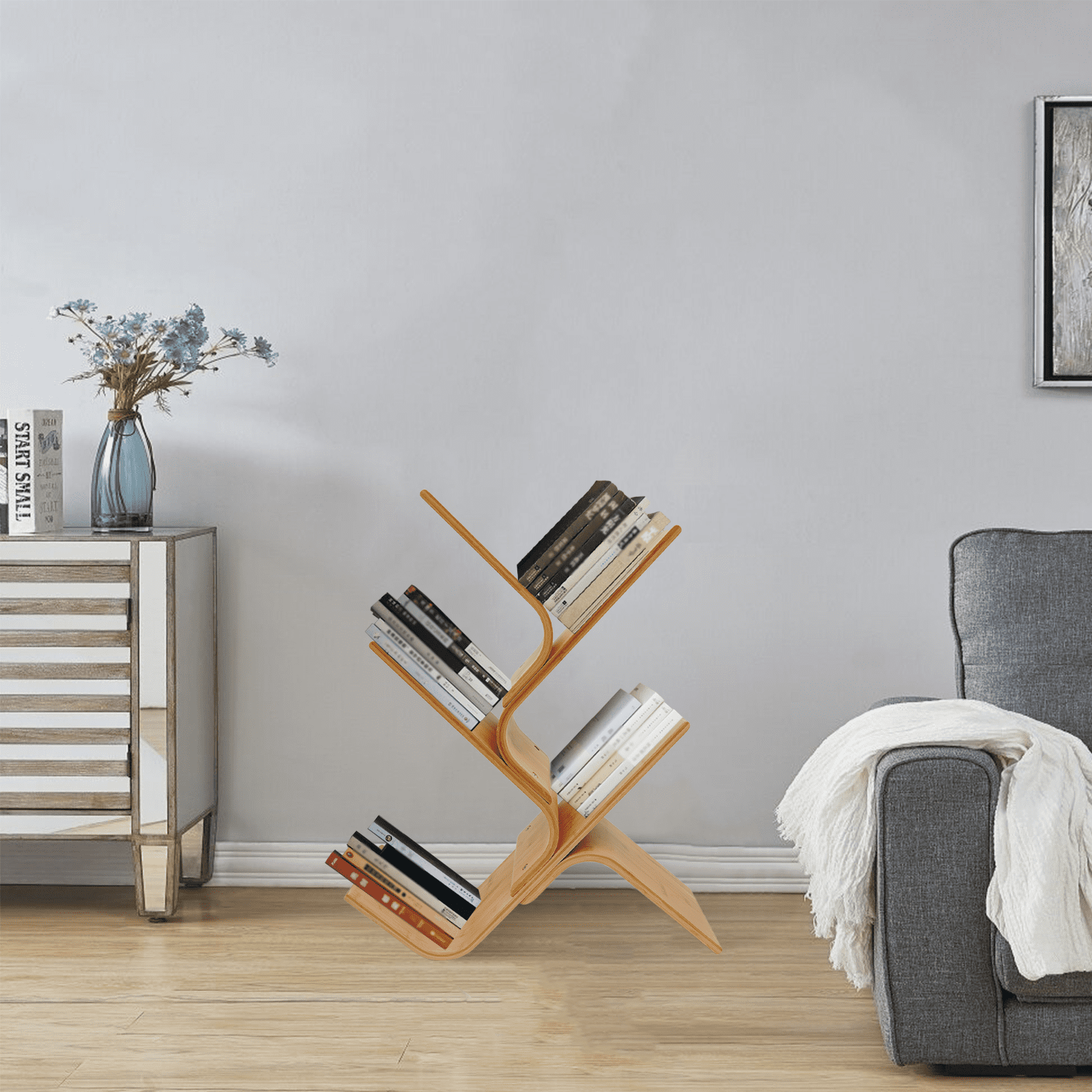 4 Tiers Floor Standing Bamboo Bookshelf Curved Rack Book Shelves Max ...