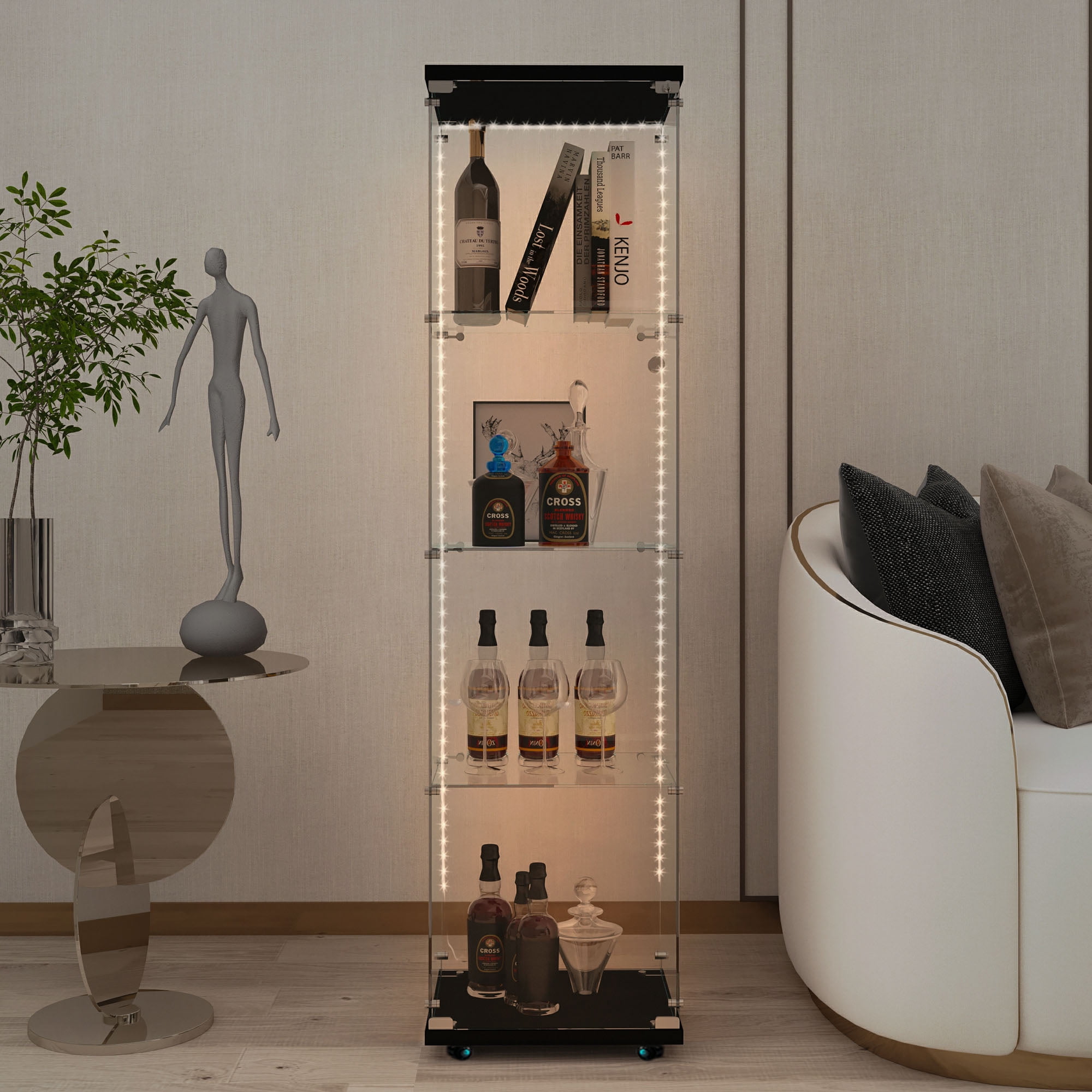4 Tiers Glass Display Cabinet with Bluetooth LED Light Strip, Standing ...
