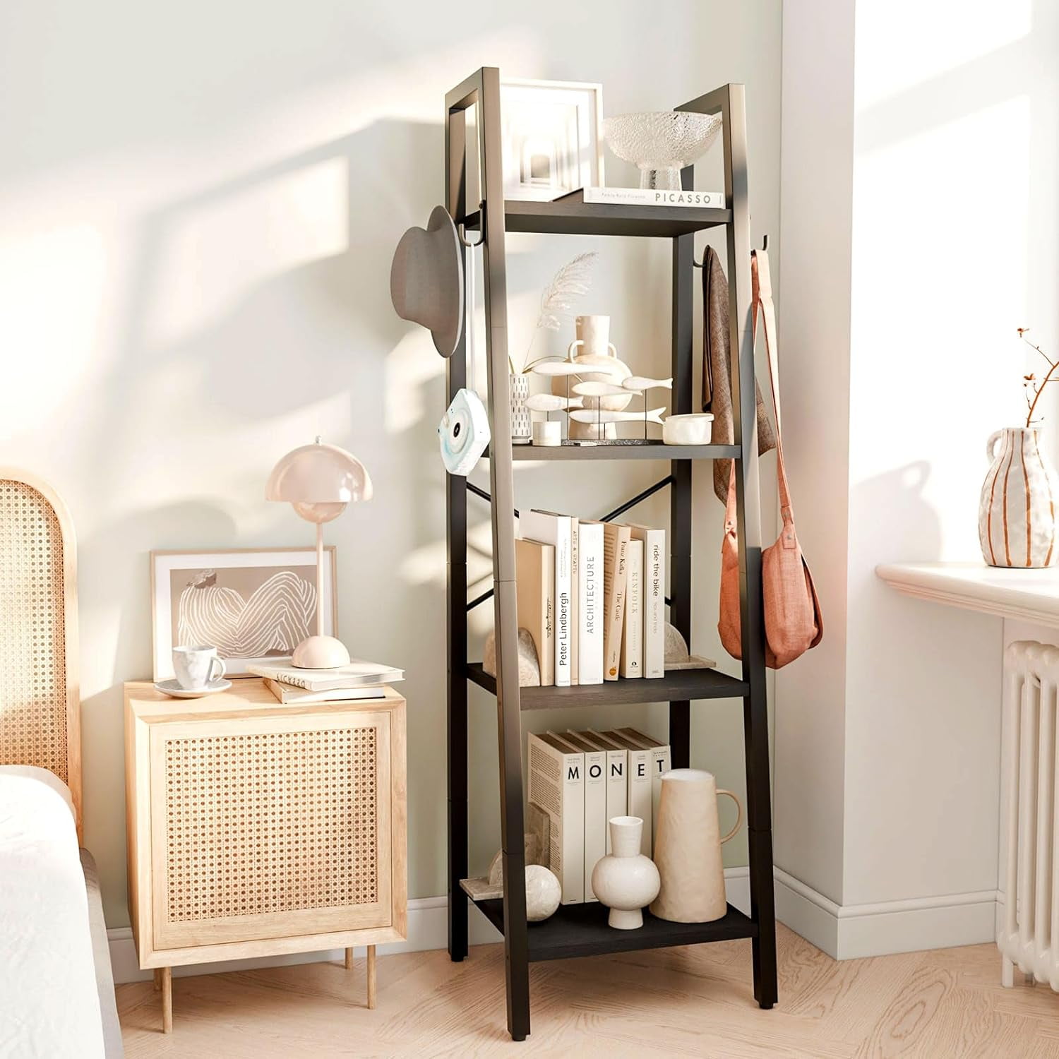 4 Tiers Ladder Bookcase, Industrial Narrow Bookshelf, Open Display Rack ...