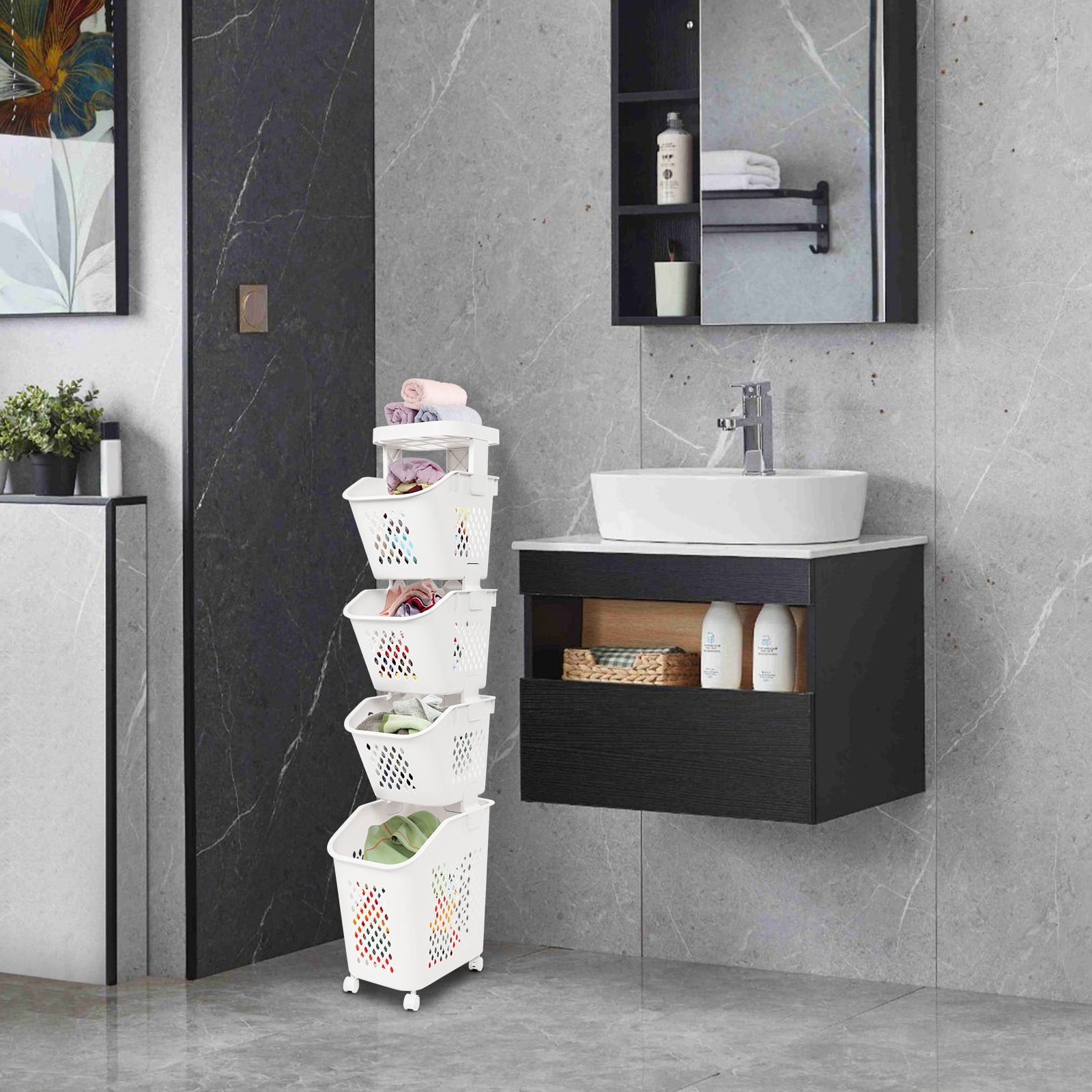 4 Tiers Rolling Laundry Basket Clothes Hamper Bathroom Storage Cart ...