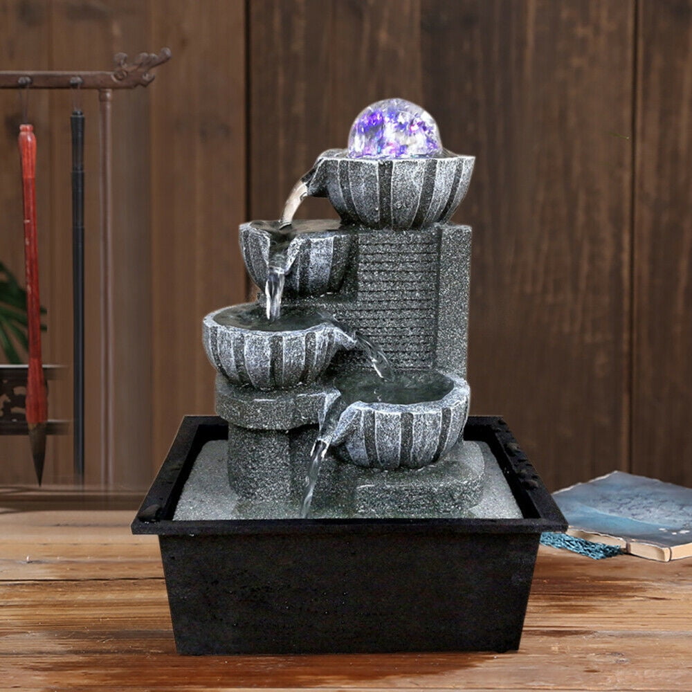 4-Tiers Small Indoor Tabletop Water Fountain LED Light Waterfall Decor ...